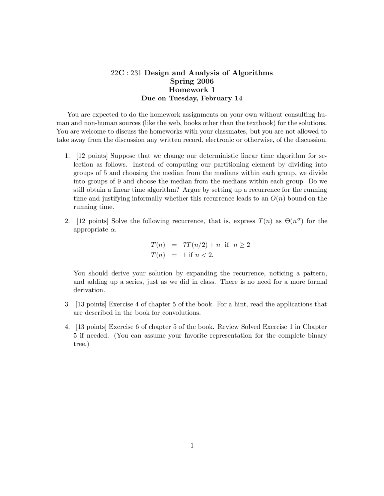 Homework 1 Spring 2006 Design And Analysis Of Algorithms 22c 231 Docsity