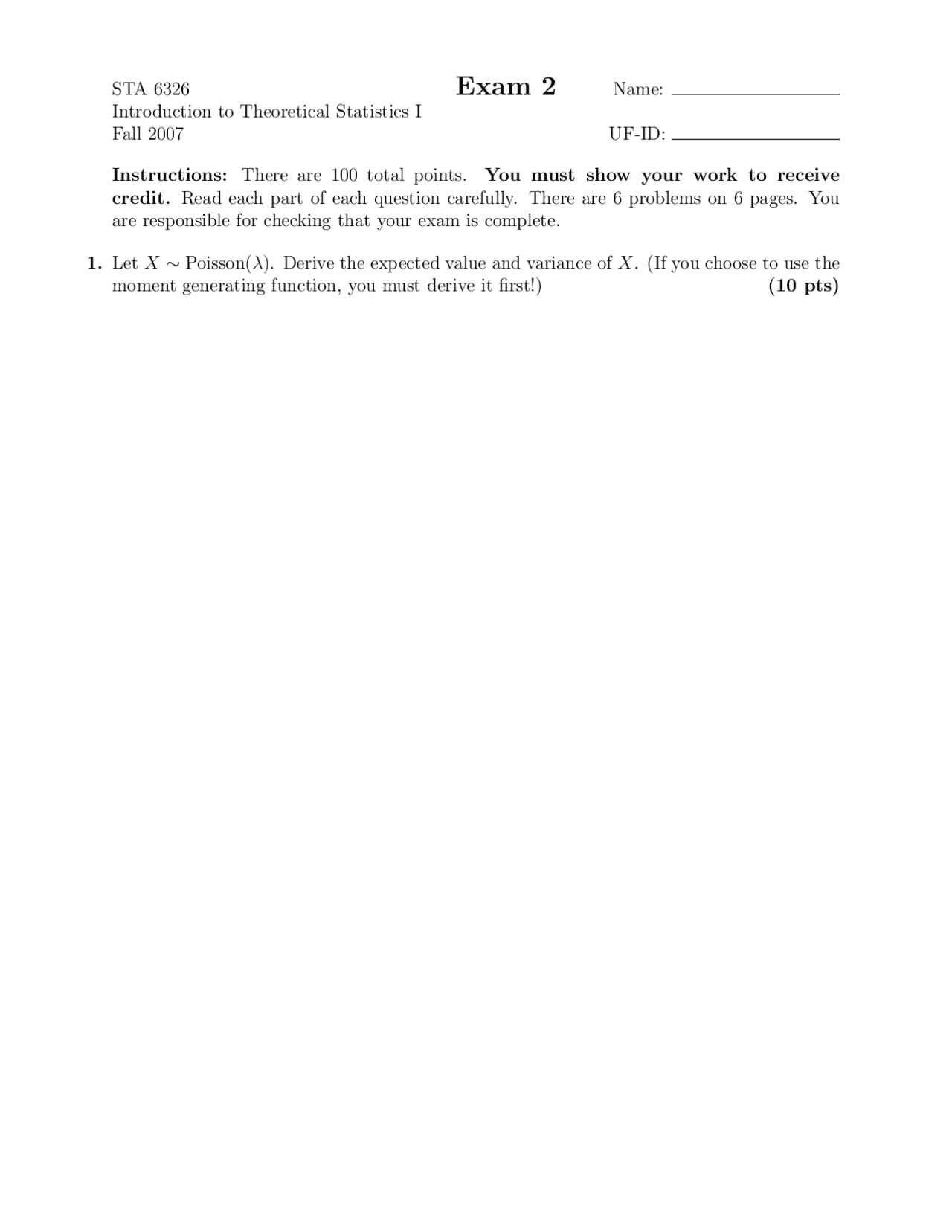 Practice Exam 2 On Introduction To Theory Of Statistics I Sta 6326