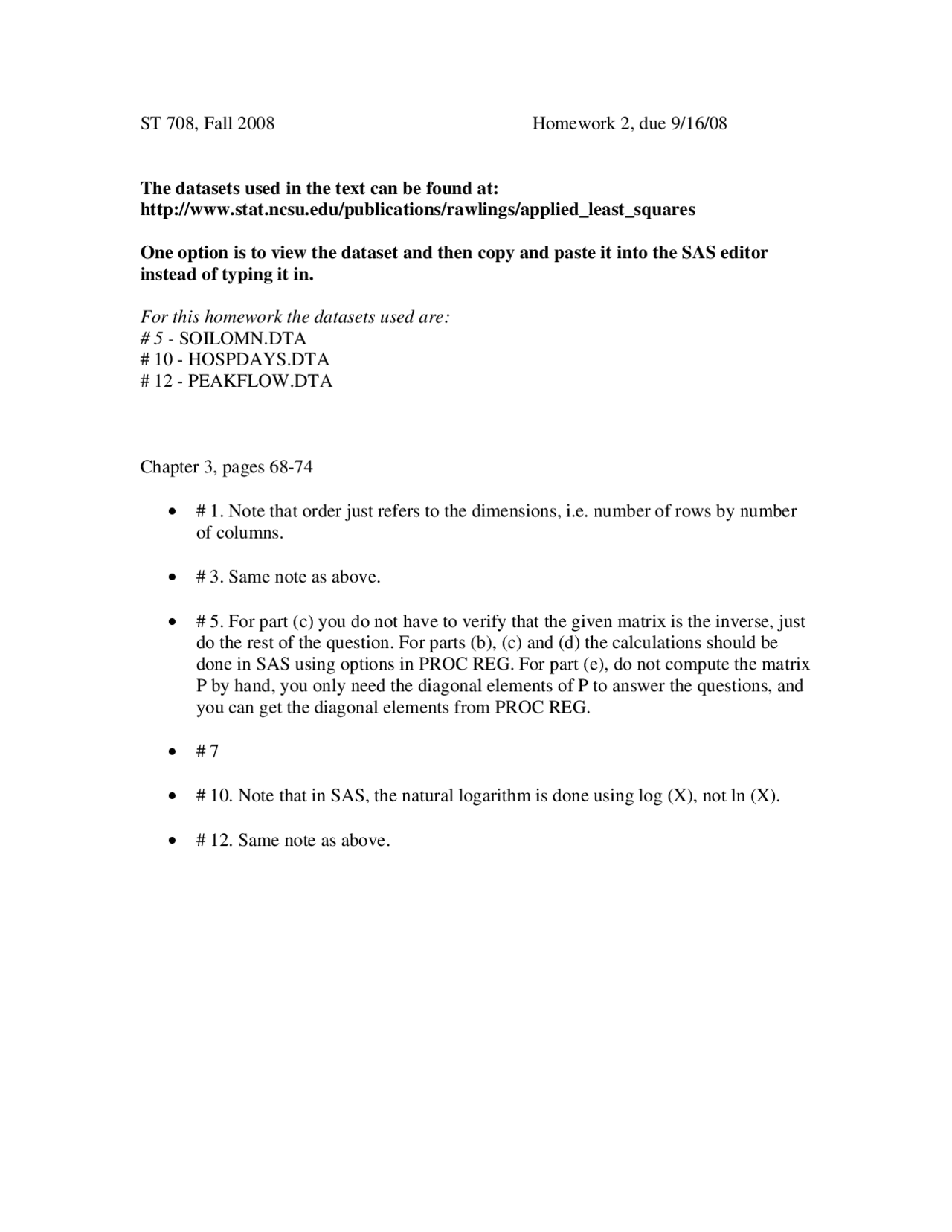 Homework 2 Applied Least Squares Fall 2008 St 708 Assignments