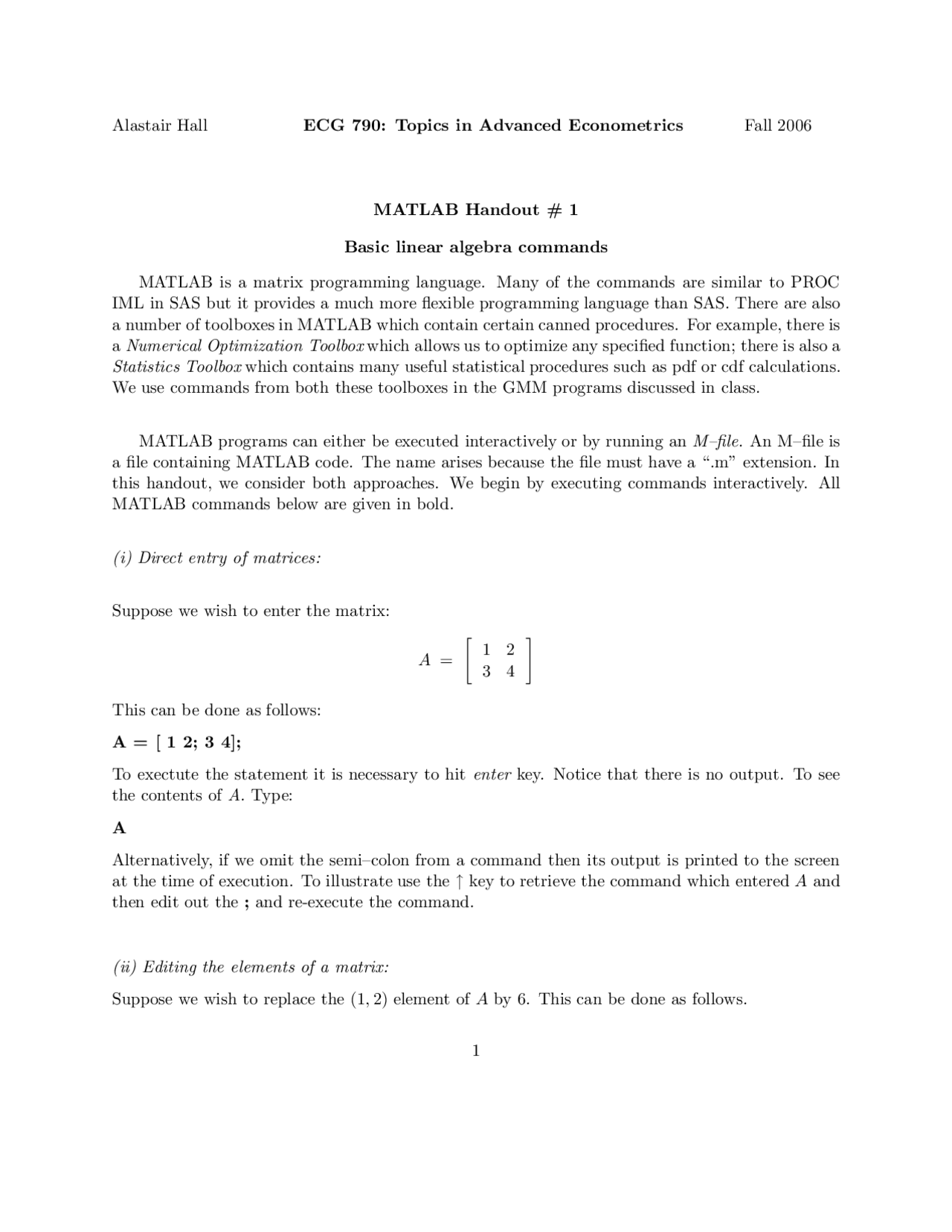 Topics In Advanced Economics Matlab Handout 1 Ecg 790c Docsity