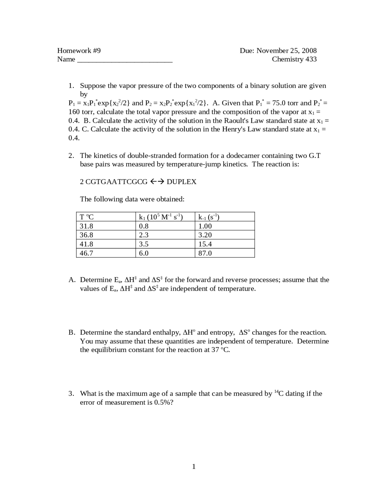 Physical Chemistry Ii Homework 9 Ch 433 Docsity