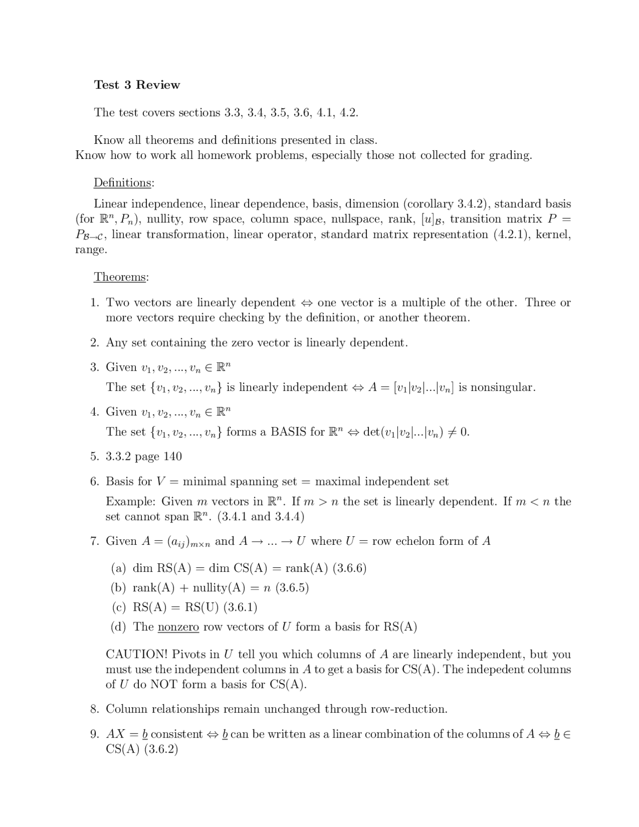 Review Sheet For Test 3 Introduction To Linear Algebra Ma 405 Docsity