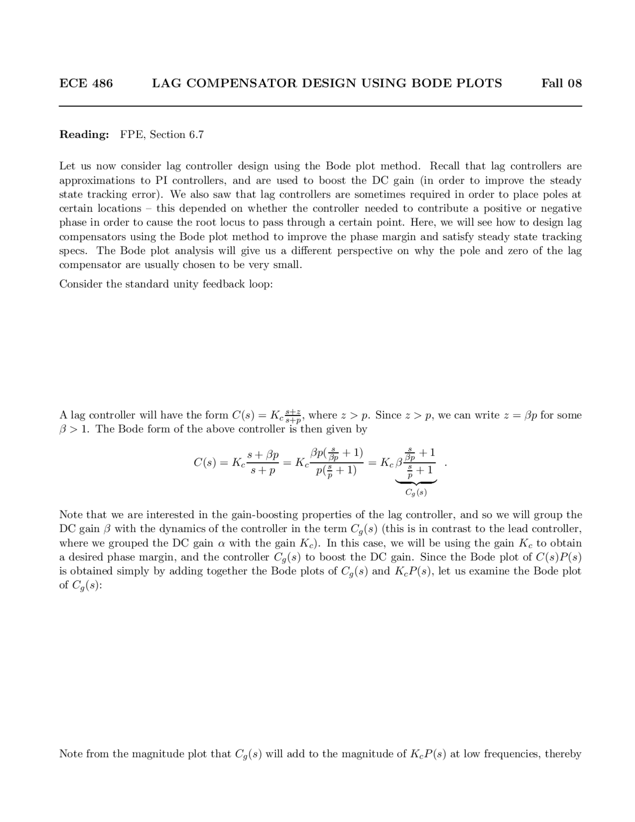 Notes On Lag Compensator Design Using Bode Plots Ece 486 Docsity