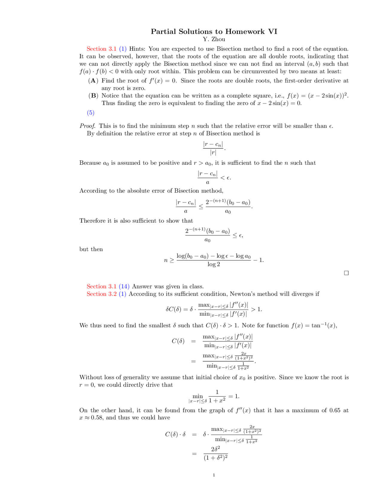 Partial Solutions To Homework 6 Numerical Analysis I Math 450 Docsity