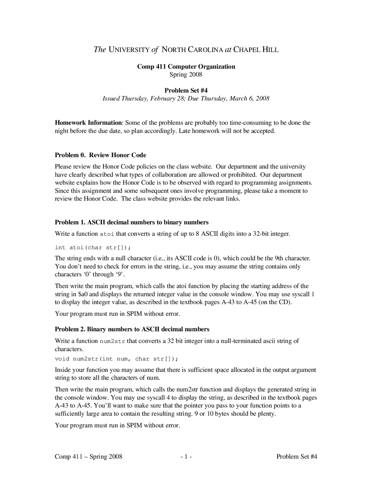 Problem Set 4 Computer Organization Comp 411 Docsity