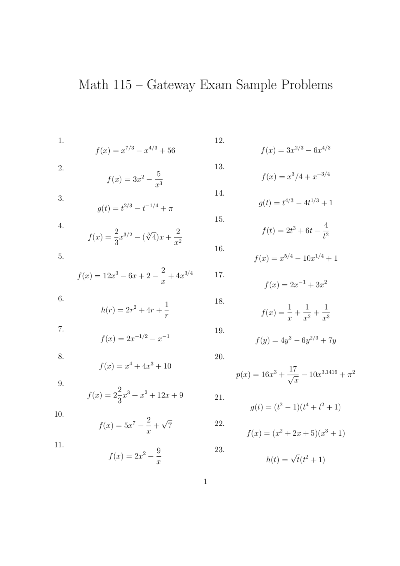 Exam Sample Problems Calculus I Math 115 Docsity