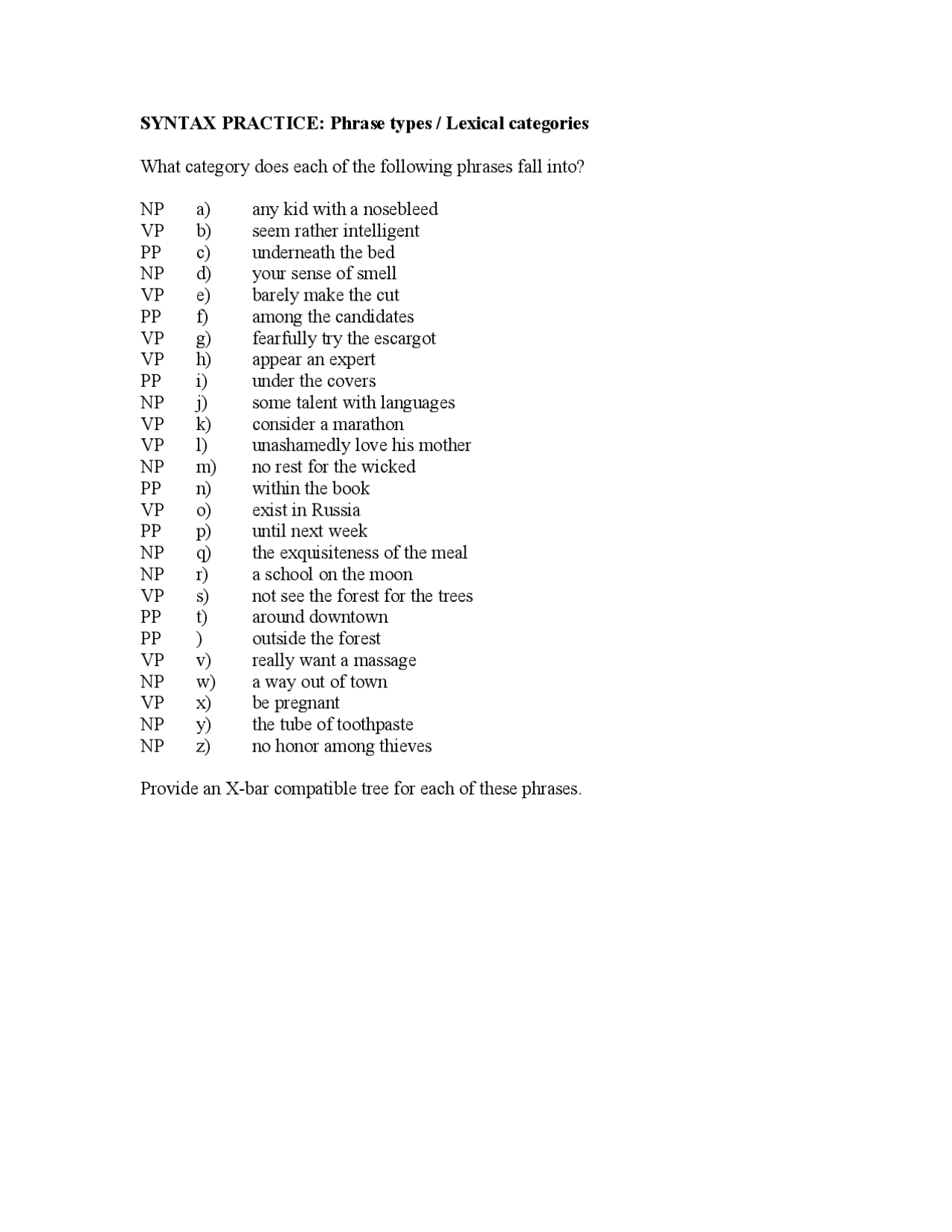 Syntax Practice: Phrase Types/Lexical Categories - Study Guide | LING ...