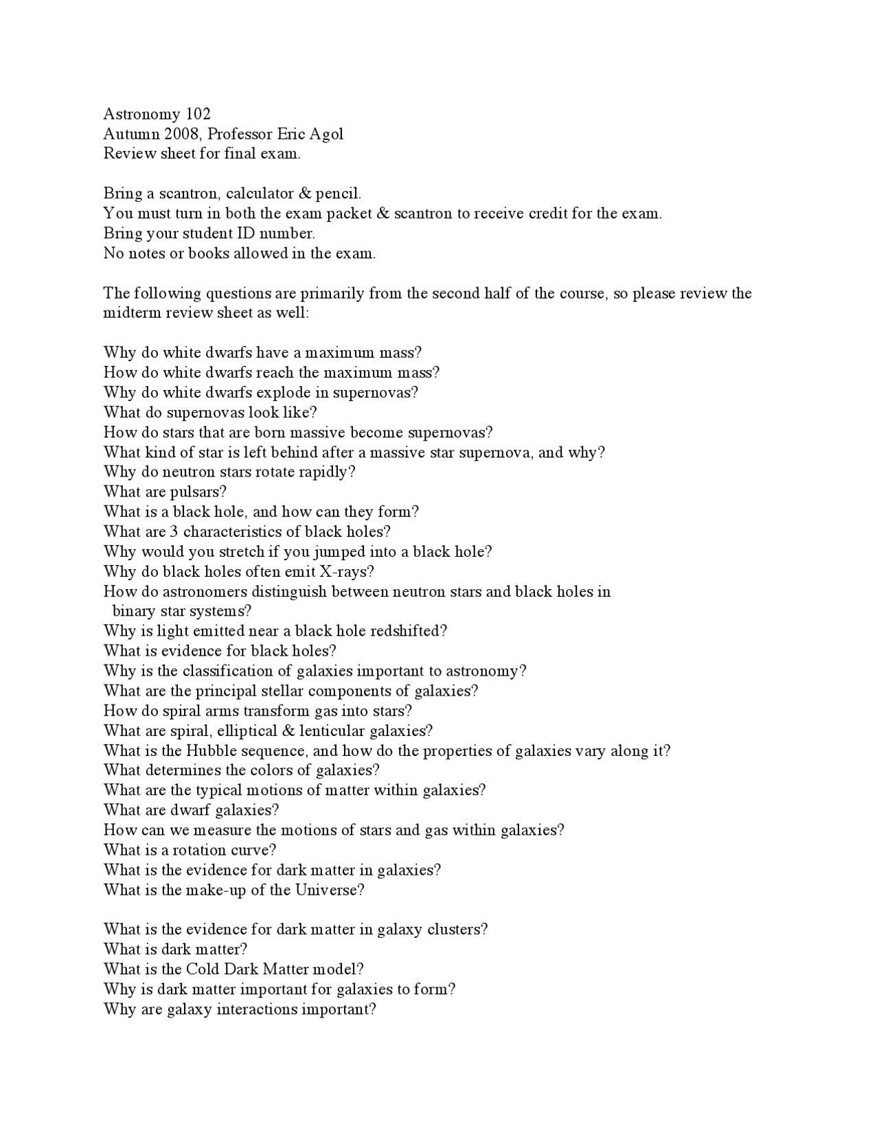 Review Sheet For Final Exam Introduction To Astronomy Astr 102