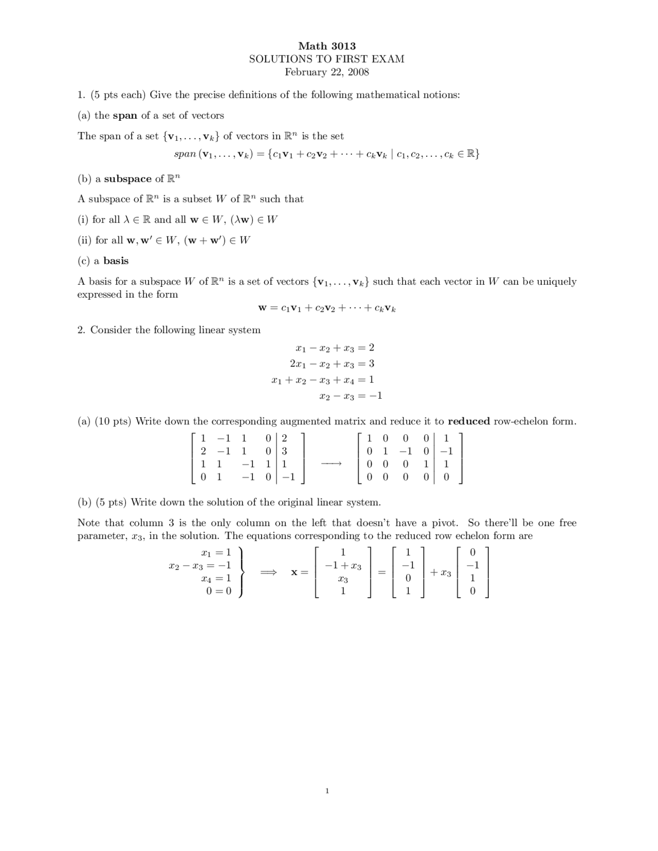 Solution To First Exam Fall 2008 Linear Algebra Math 3013 Docsity
