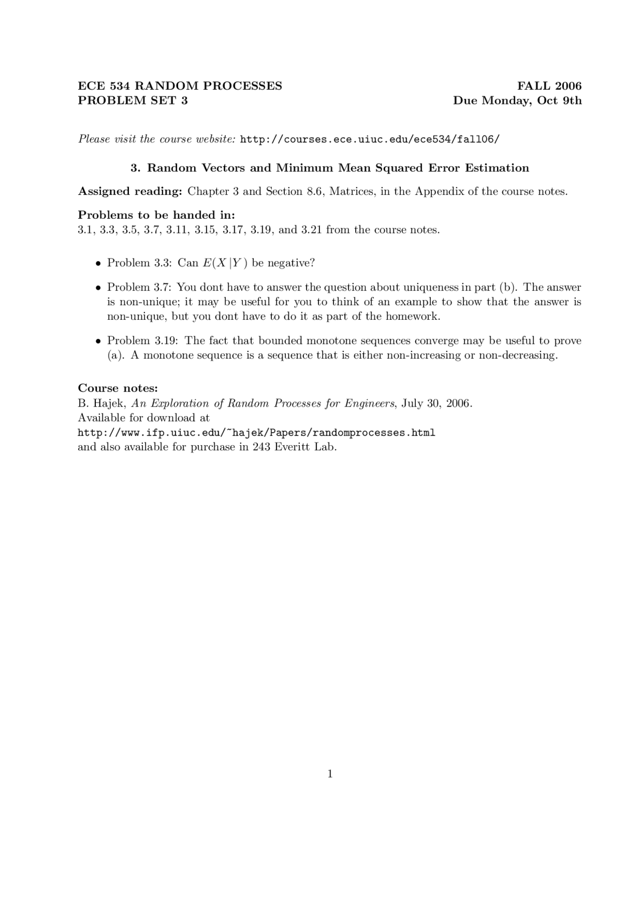 Problems On Random Processes Assignment 3 Ece 534 Docsity