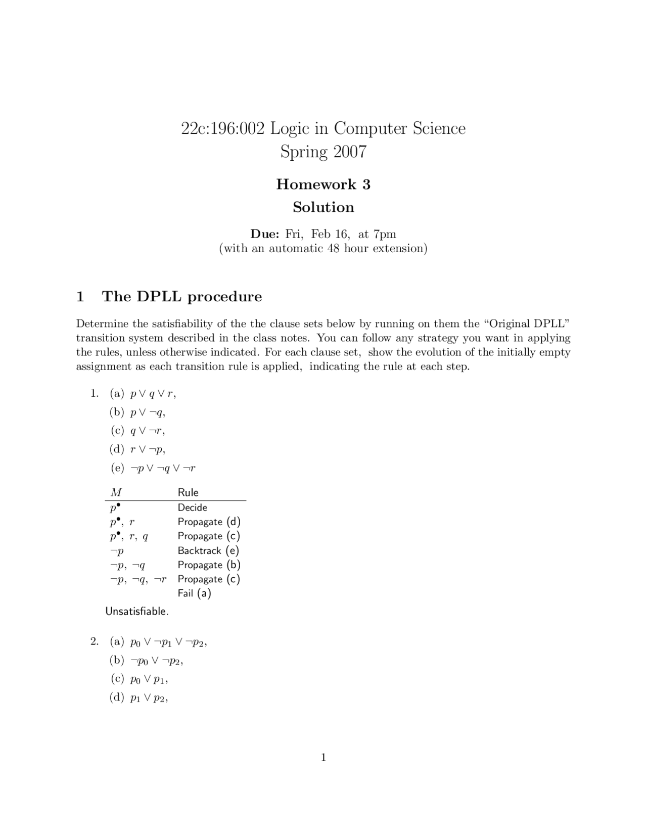 Homework 3 Questions, The DPLL Procedure - Logic in Computer Science | 22C 196 - Docsity