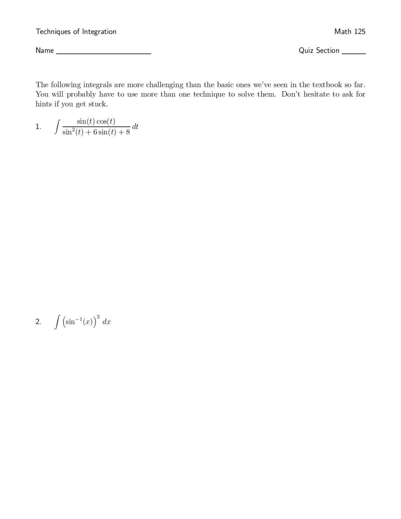 Techniques Of Integration Calculus Analytic Geometry Ii Math 125