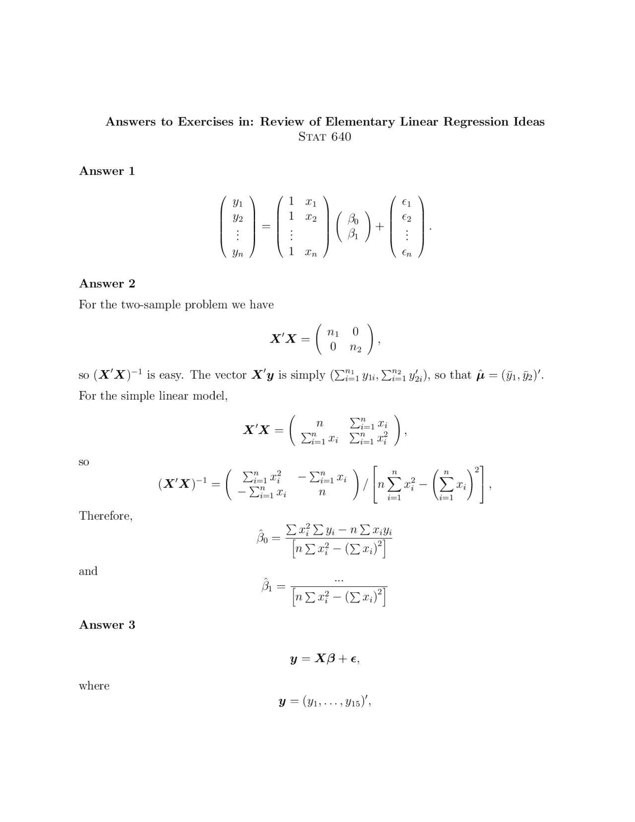 Answers to Exercises - Review of Elementary Linear Regression Ideas ...