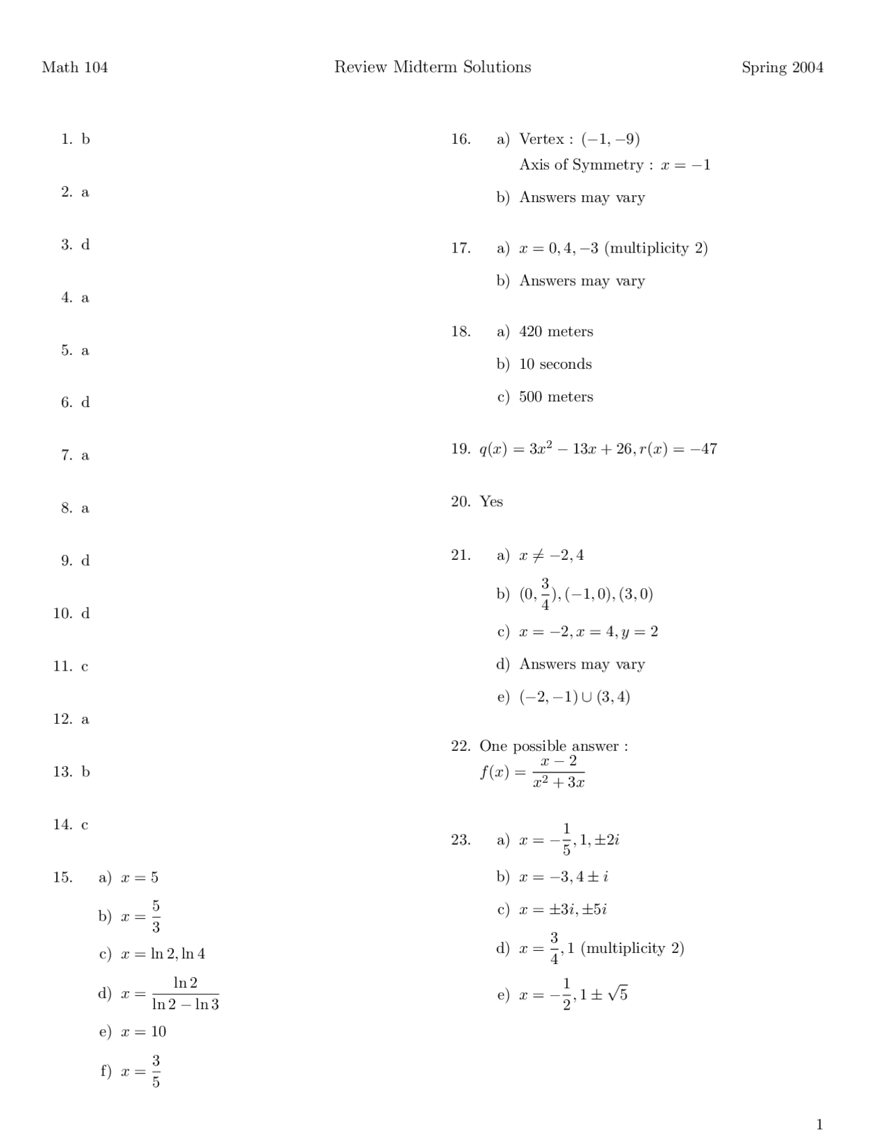 Math 104: Spring 2004 Midterm Review Solutions - Prof. Antonis ...