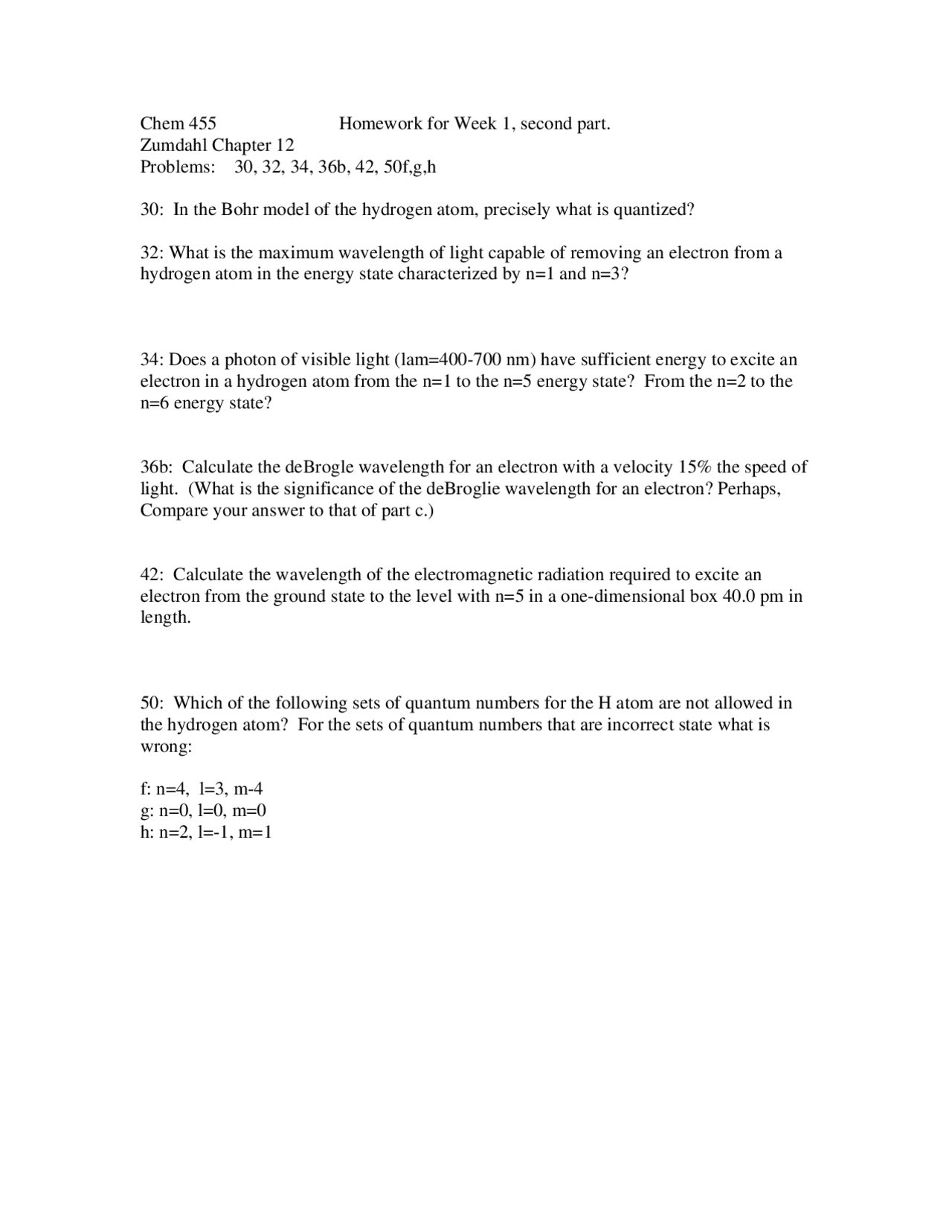 Physical Chemistry Homework 1 Questions Chem 455 Docsity
