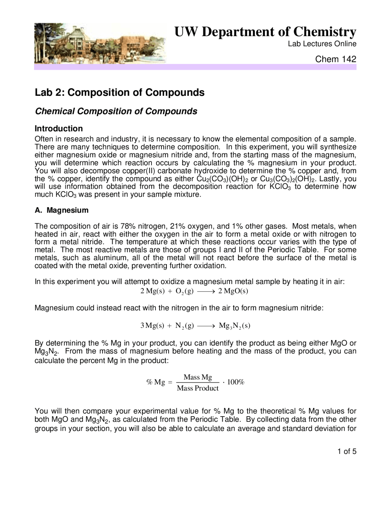 Composition of Compounds - Laboratory #2 | CHEM 142 - Docsity