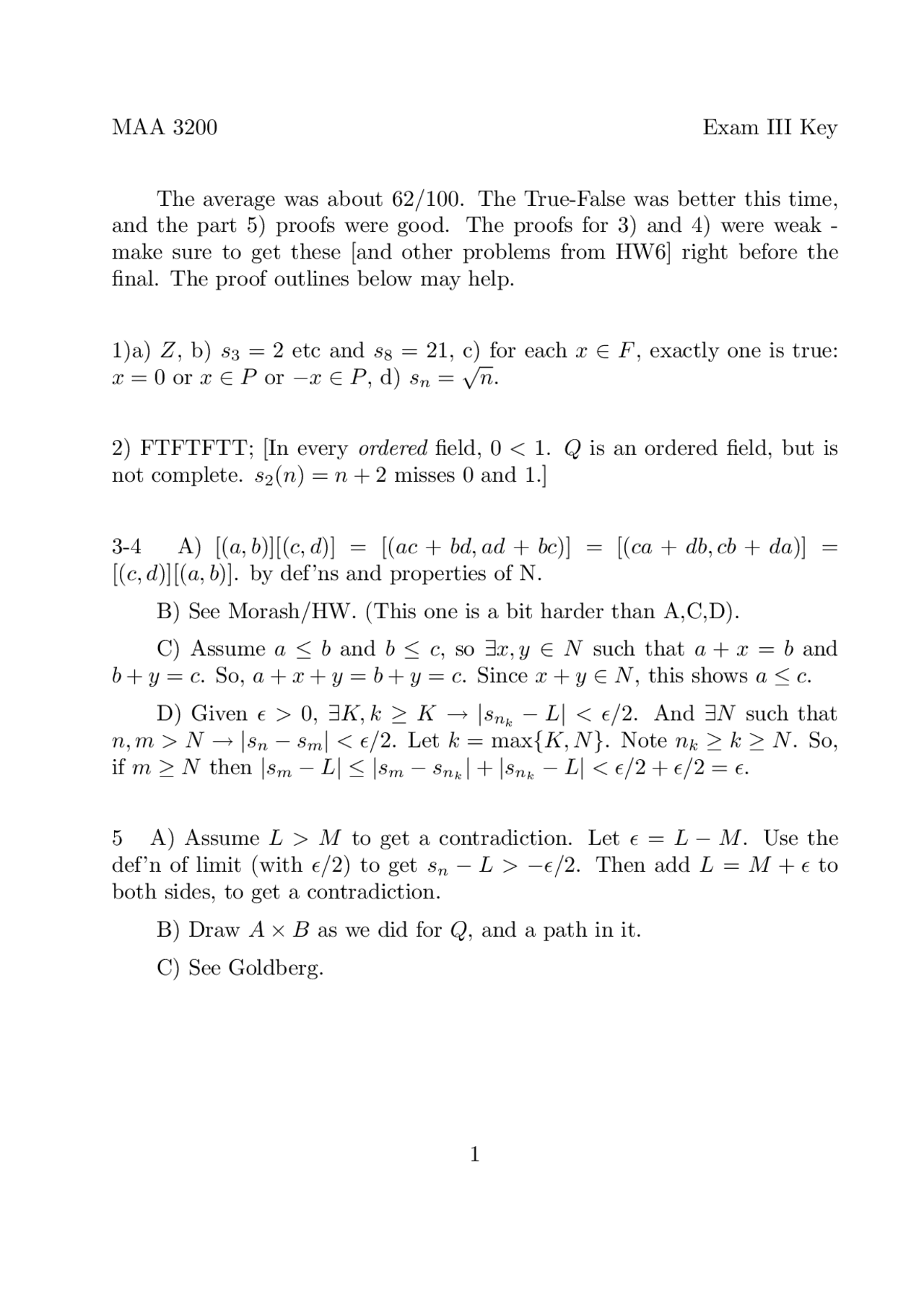 Exam 3 Key - Introduction to Advanced Mathematics | MAA 3200 - Docsity