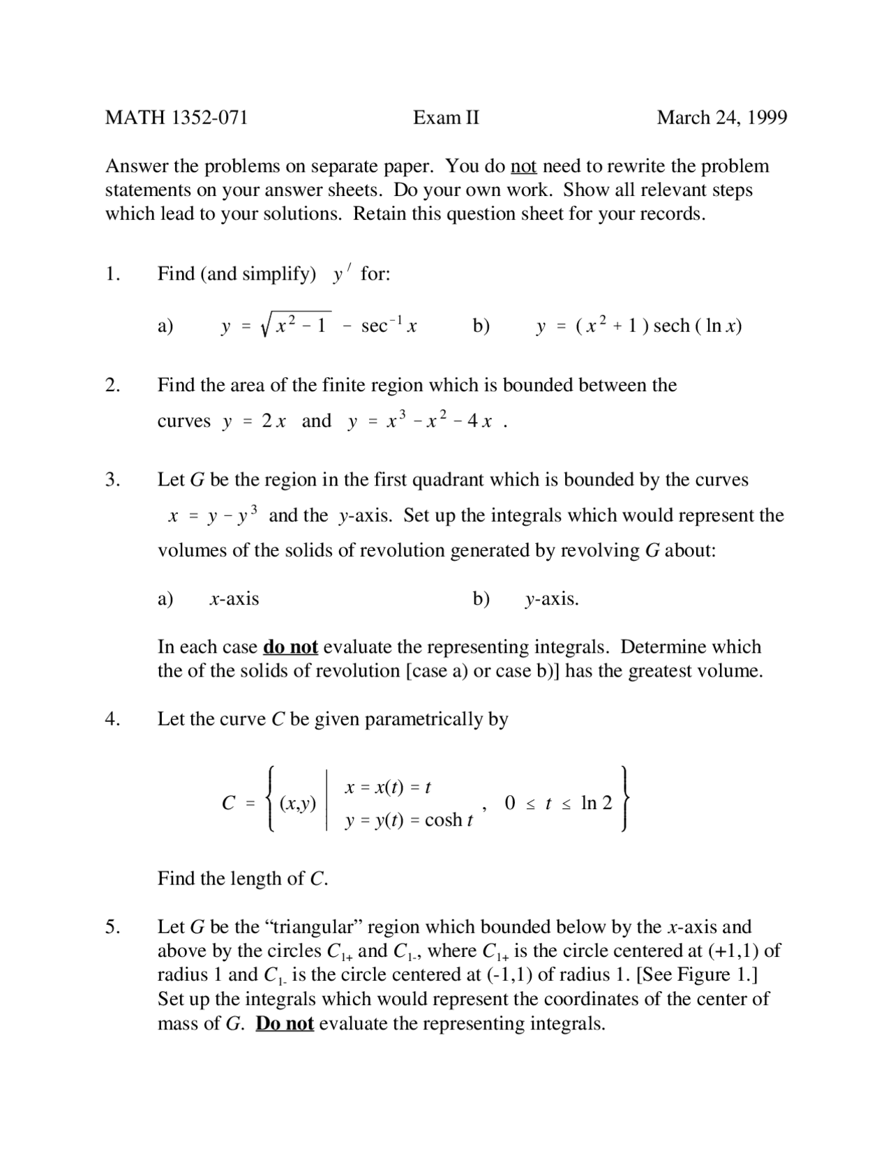 Exam 2 With Unsolved Questions Calculus Ii Honors Math 1352 Docsity