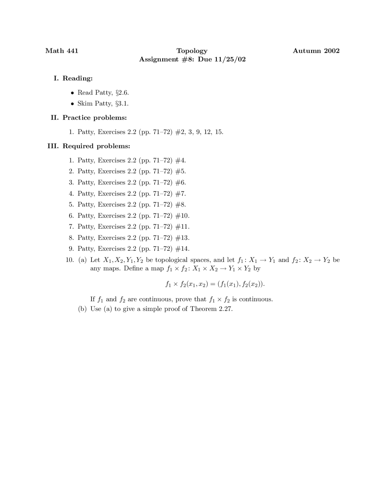 Questions For Assignment 8 Topology Fall 2002 Math 441 Docsity