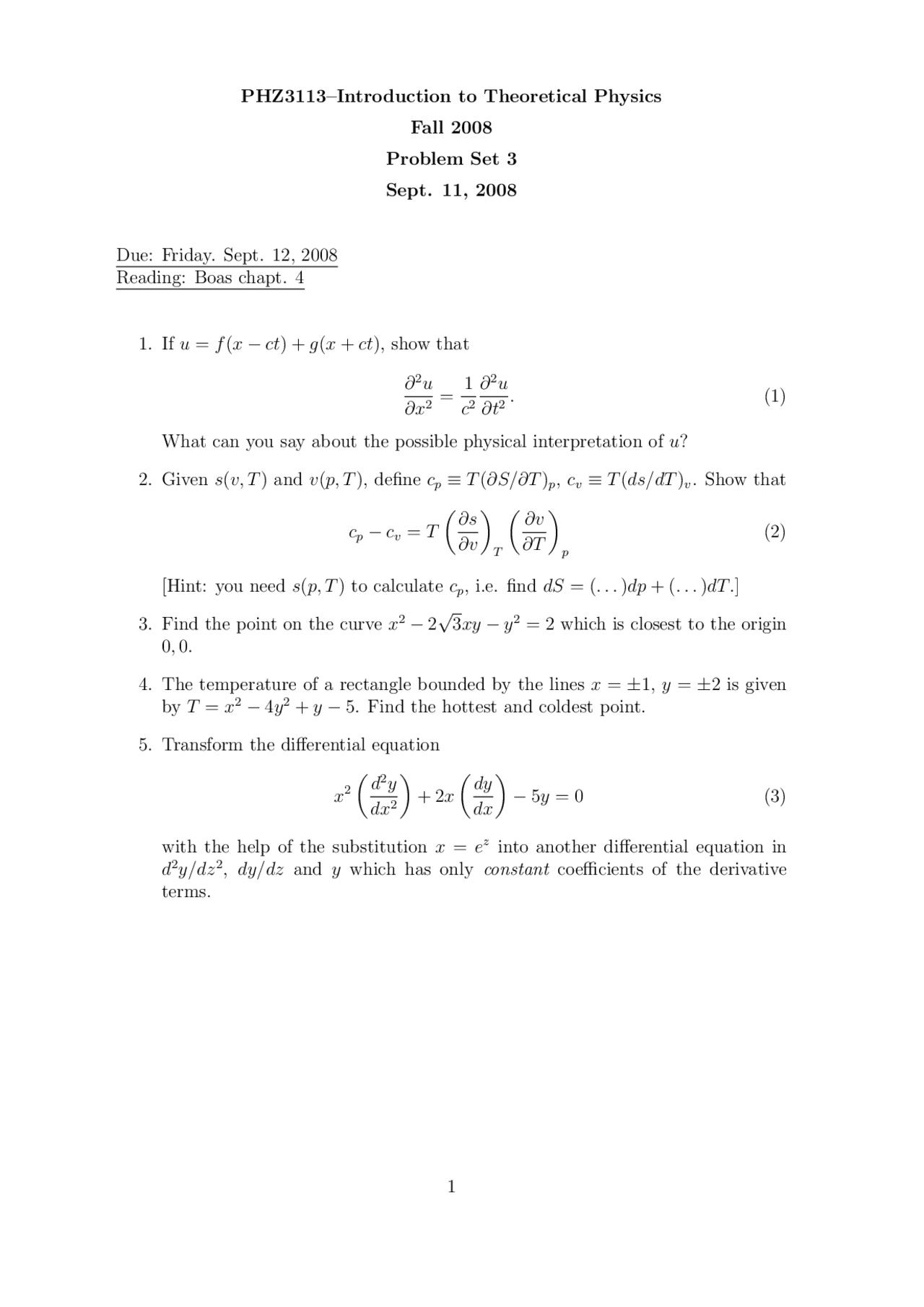 Introduction To Theoretical Physics Problem Set 3 Phz 3113 Docsity
