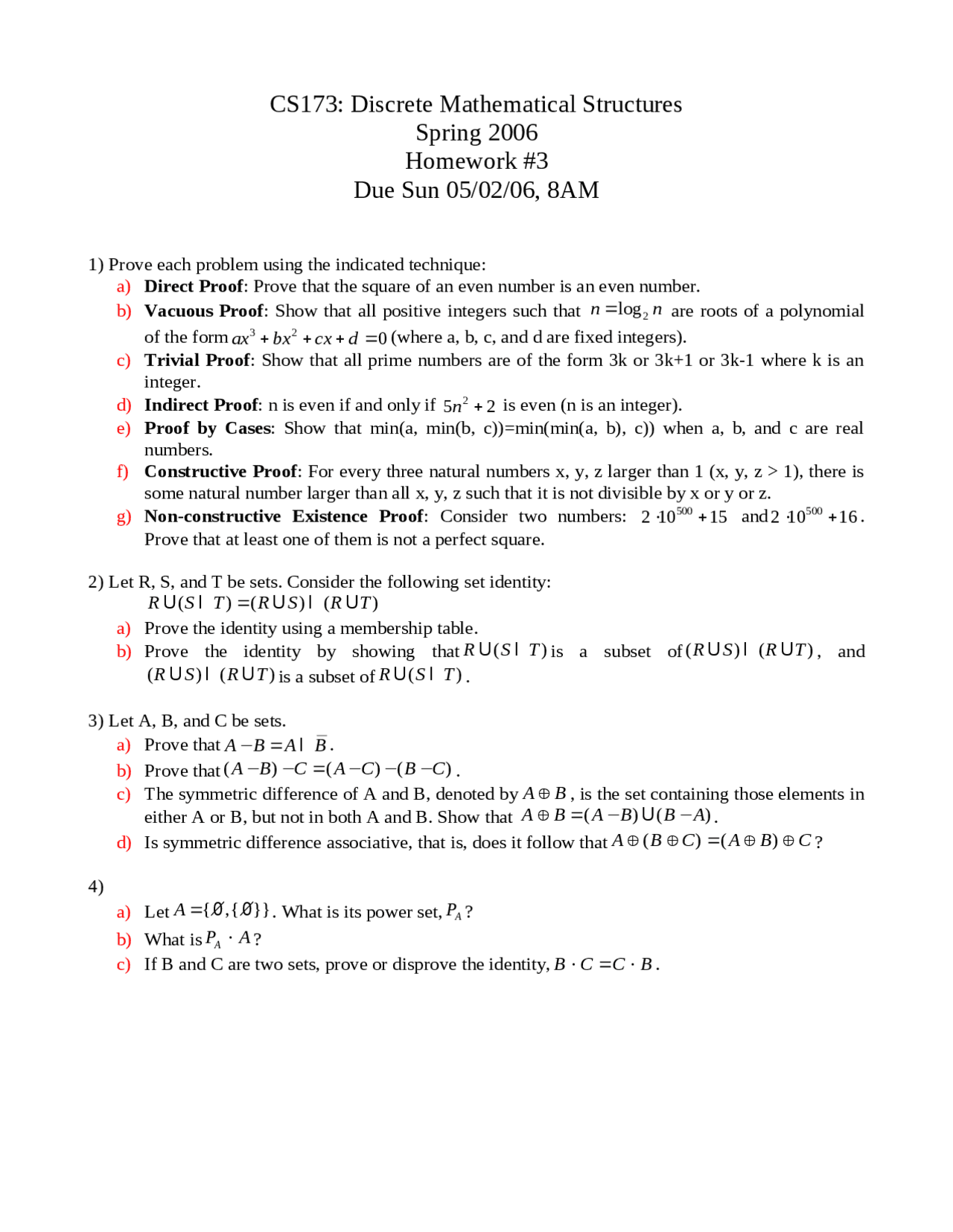 4 Solved Problems on Discrete Mathematical Structure - Homework 3 | CS 173 - Docsity