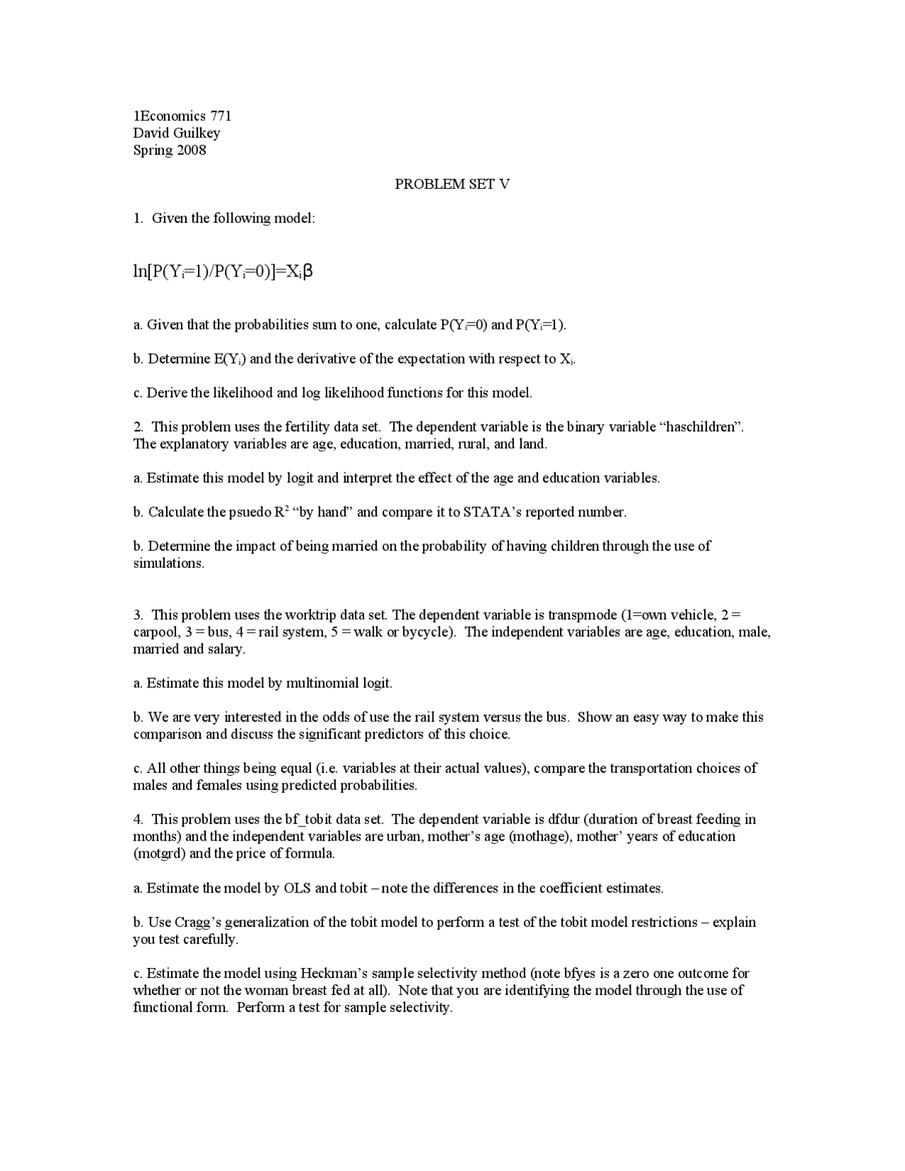 Problem Set 5 Econometrics Spring 2008 Econ 771 Docsity