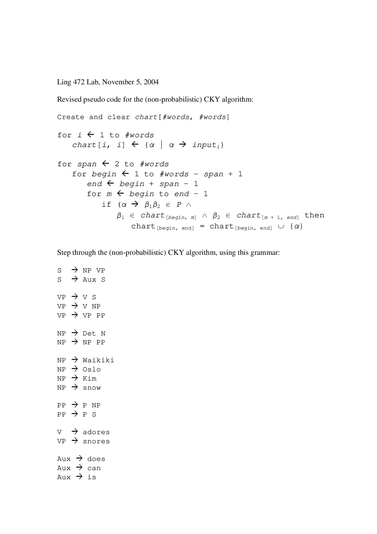 Revised Pseudo Codes for the CKY Algorithm - Lab 4 | LING 472 - Docsity