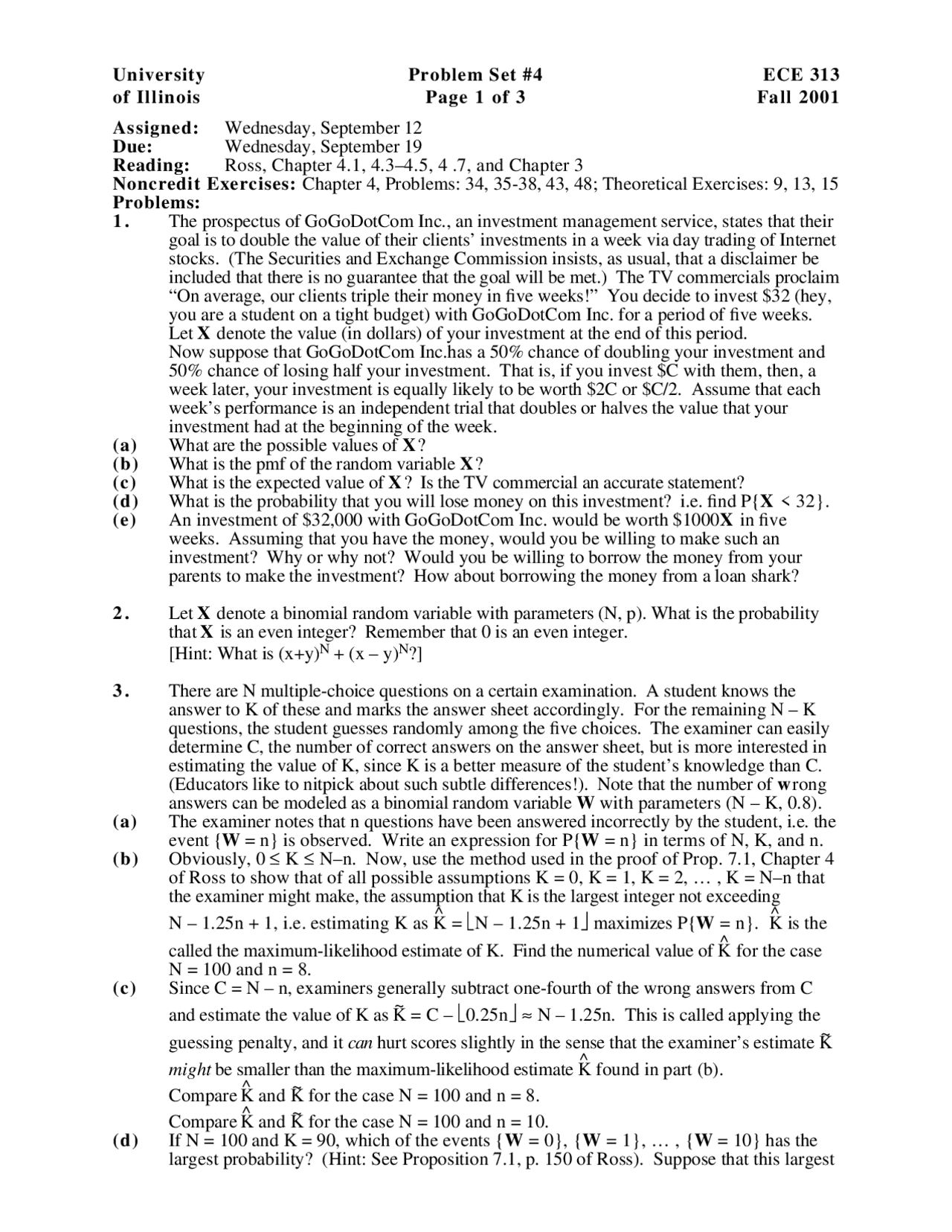 Problem Set 5 for Probability with Engineering Application | ECE 313 - Docsity