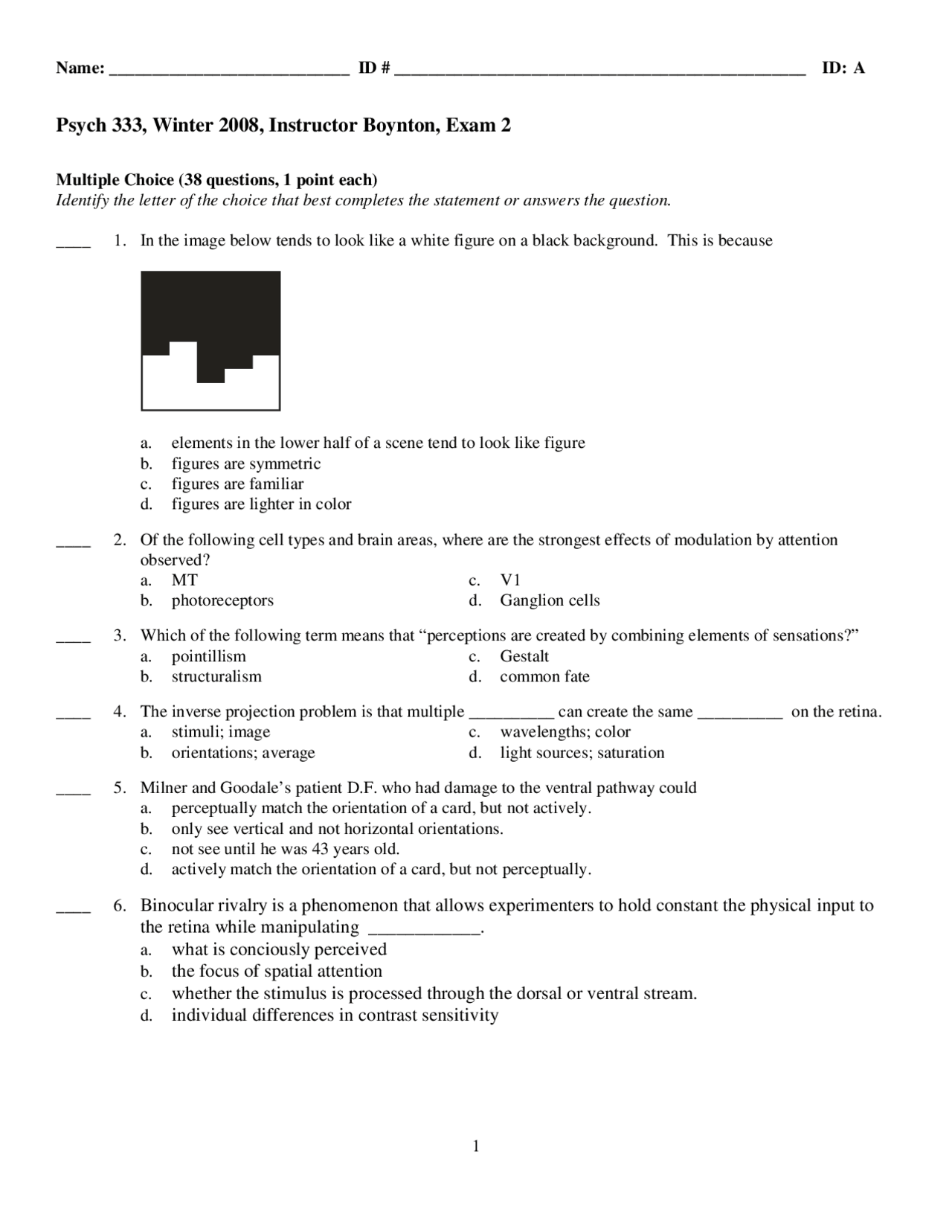 Exam 2 Solutions For Sensory And Perceptual Processes Psych 333 Docsity