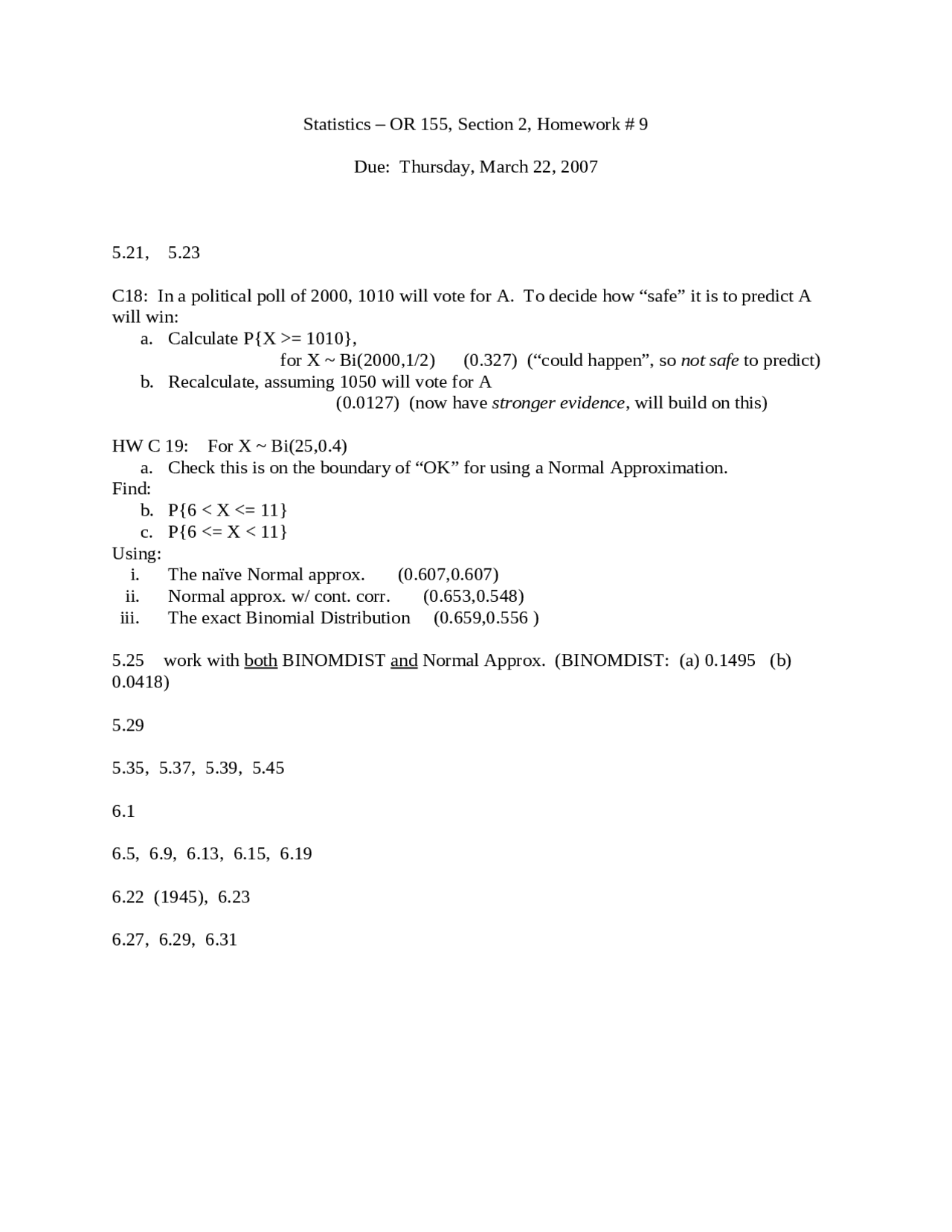 Assignment 9 Introduction To Statistics Stor 155 Docsity