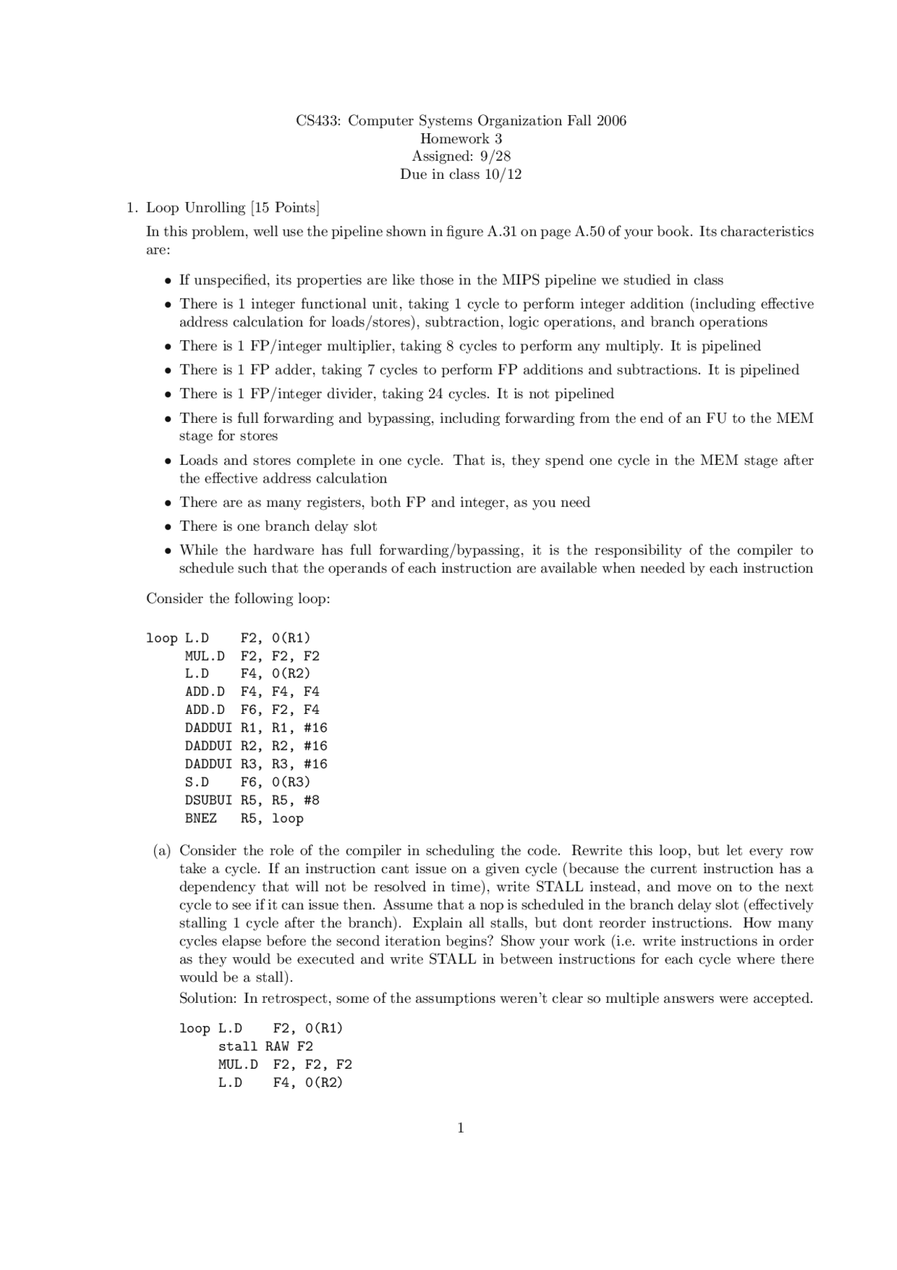 Homework 3 Computer System Organization Fall 2006 Cs 433 Docsity