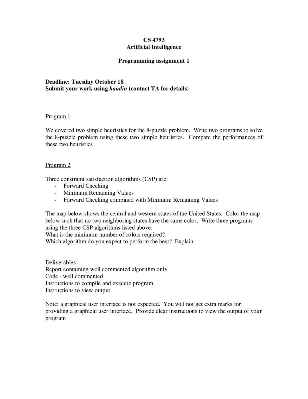 Programming Assignment 1 Artificial Intelligence I Cs 4793 Docsity