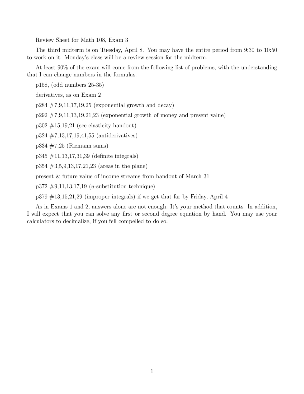 Review Sheet For Exam 3 Calculus Conceptapplications Math 108