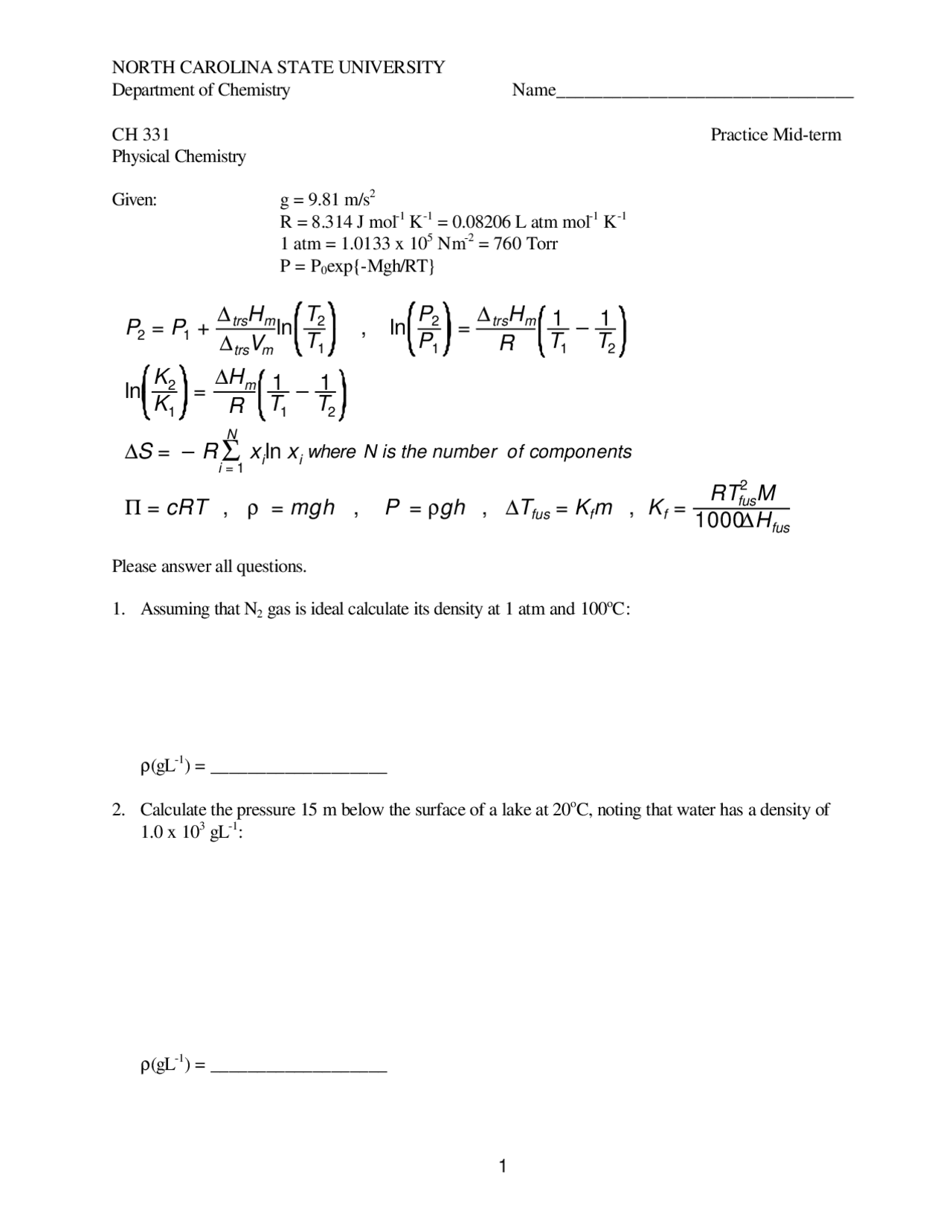 Practice Midterm Exam Questions On Introductory Physical Chemistry Ch