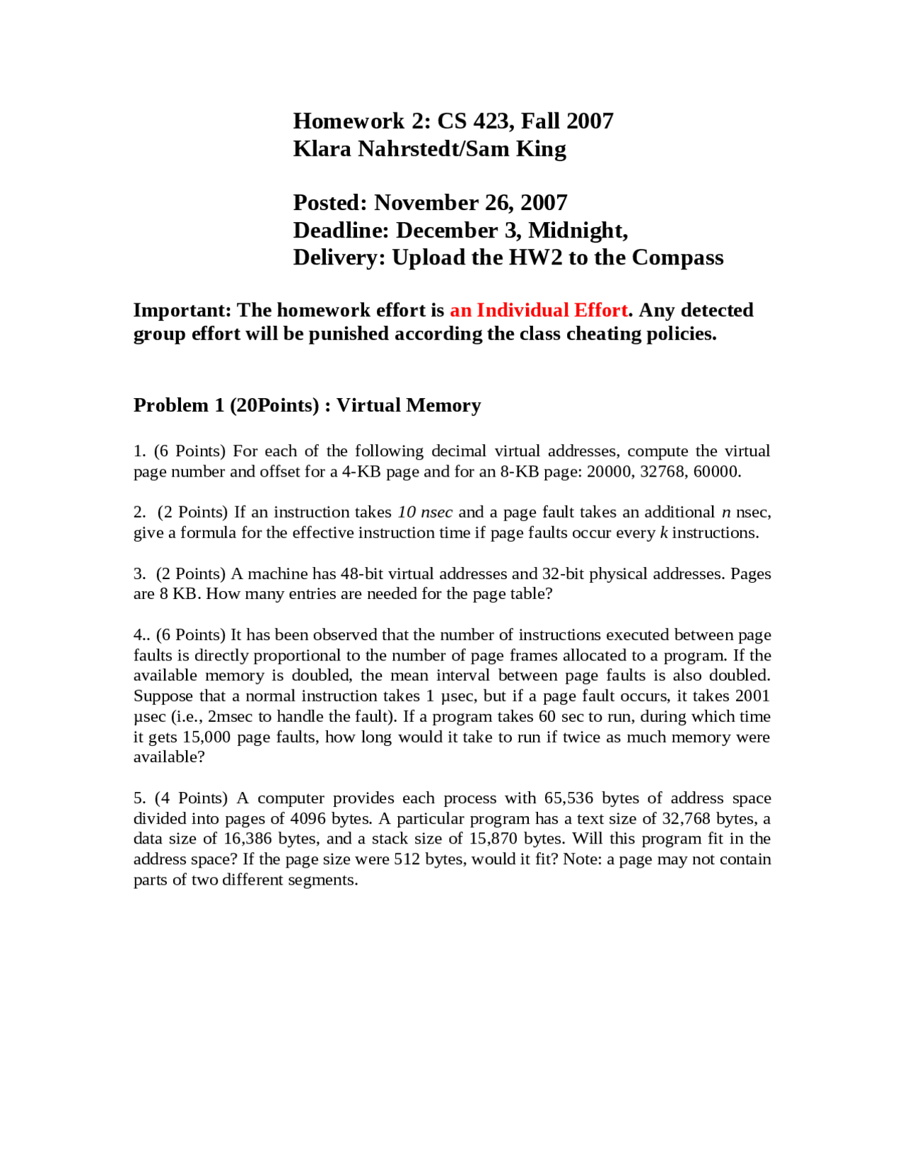 Homework 2 Problems For Operating Systems Design Cs 423 Assignments
