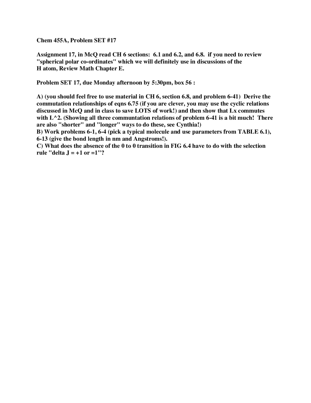 Problem Set 17 Questions Physical Chemistry Chem 455 Docsity