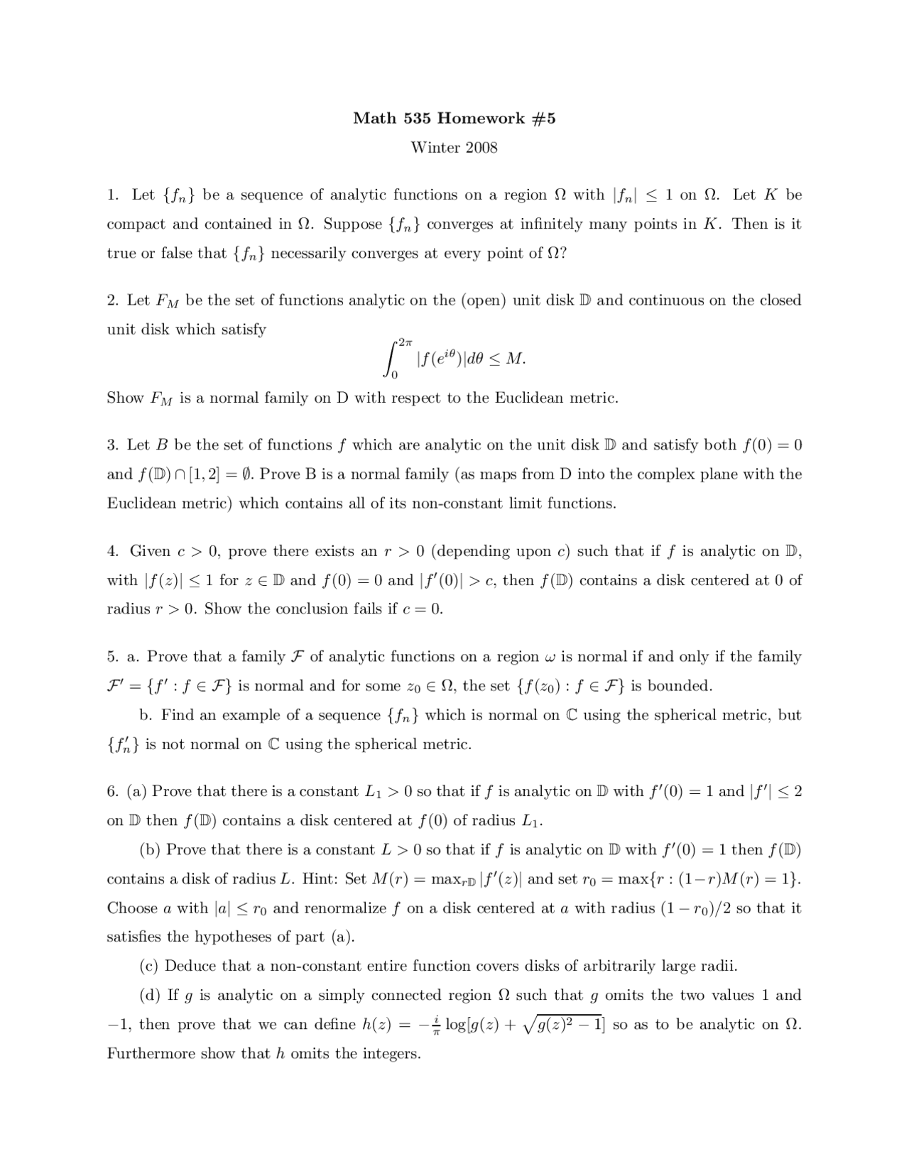 6 Questions On Complex Analysis Assignment 5 Math 535 Docsity