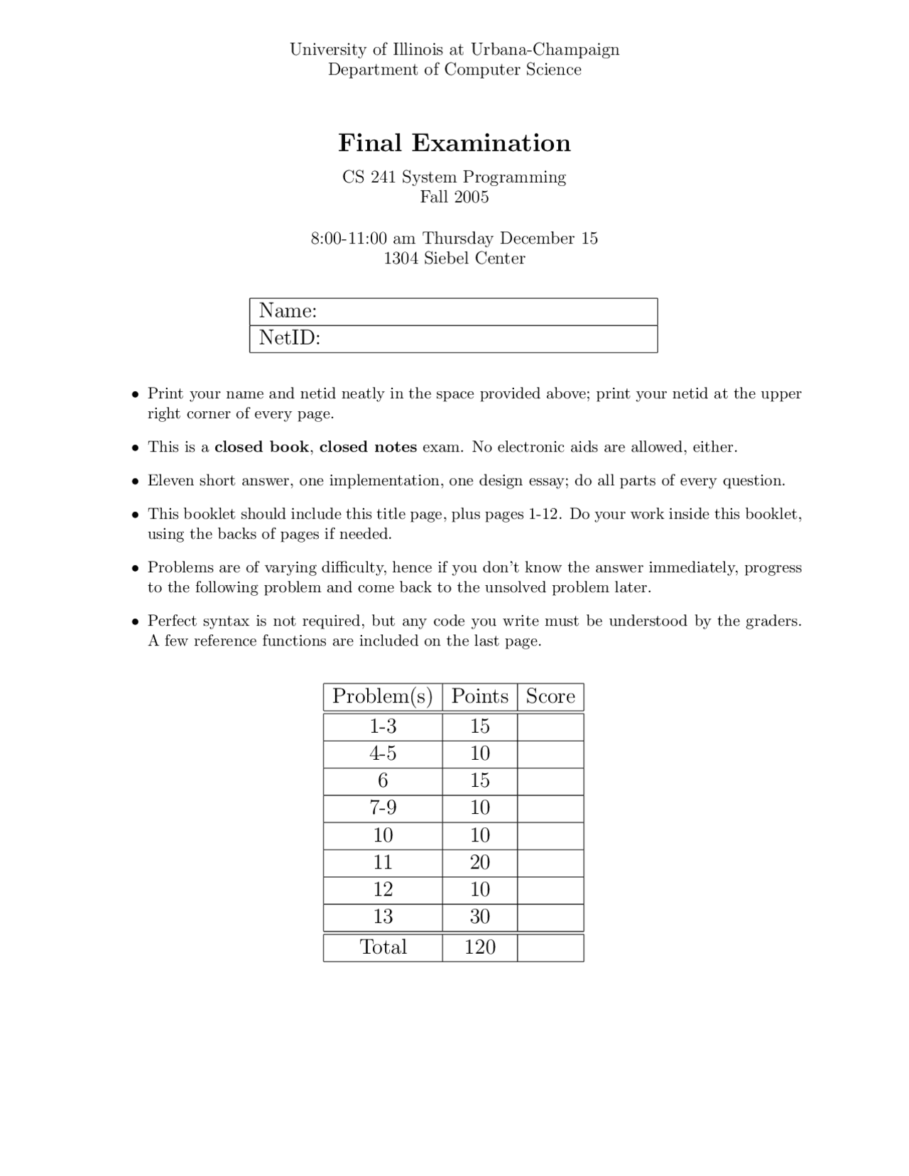 Final Exam Questions System Programming Cs 241 Exams Computer Science Docsity