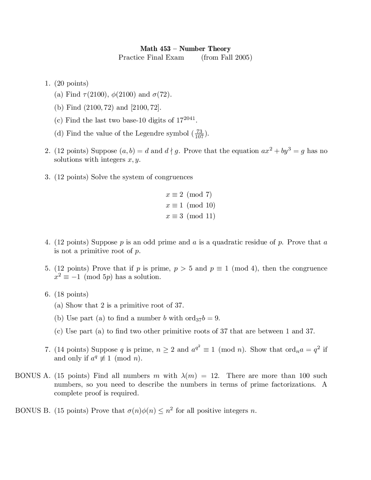 Practice Final Exam For Elementary Theory Of Numbers Math 453 Docsity