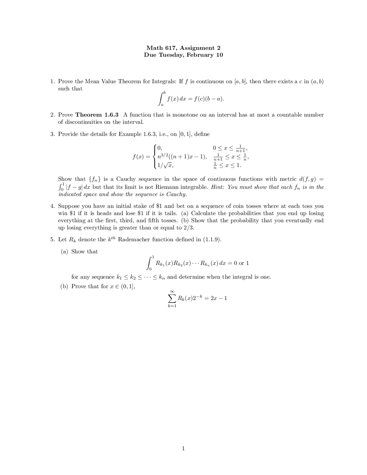 Math Assignment 617: Problems on Integrals, Monotone Functions, and Sequences - Prof. Dani ...