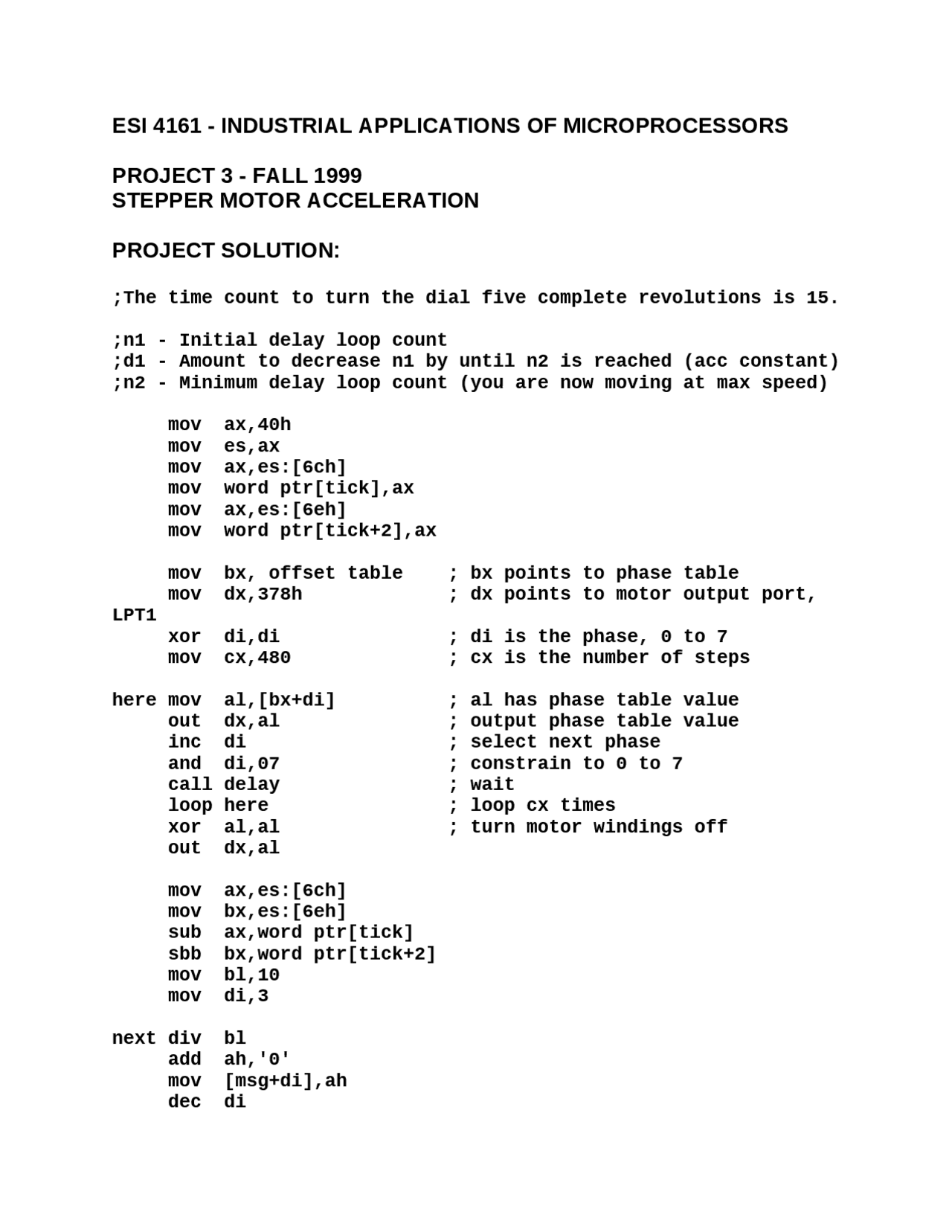 Stepper Motor Acceleration Project 3 Solution Esi 4161 Docsity