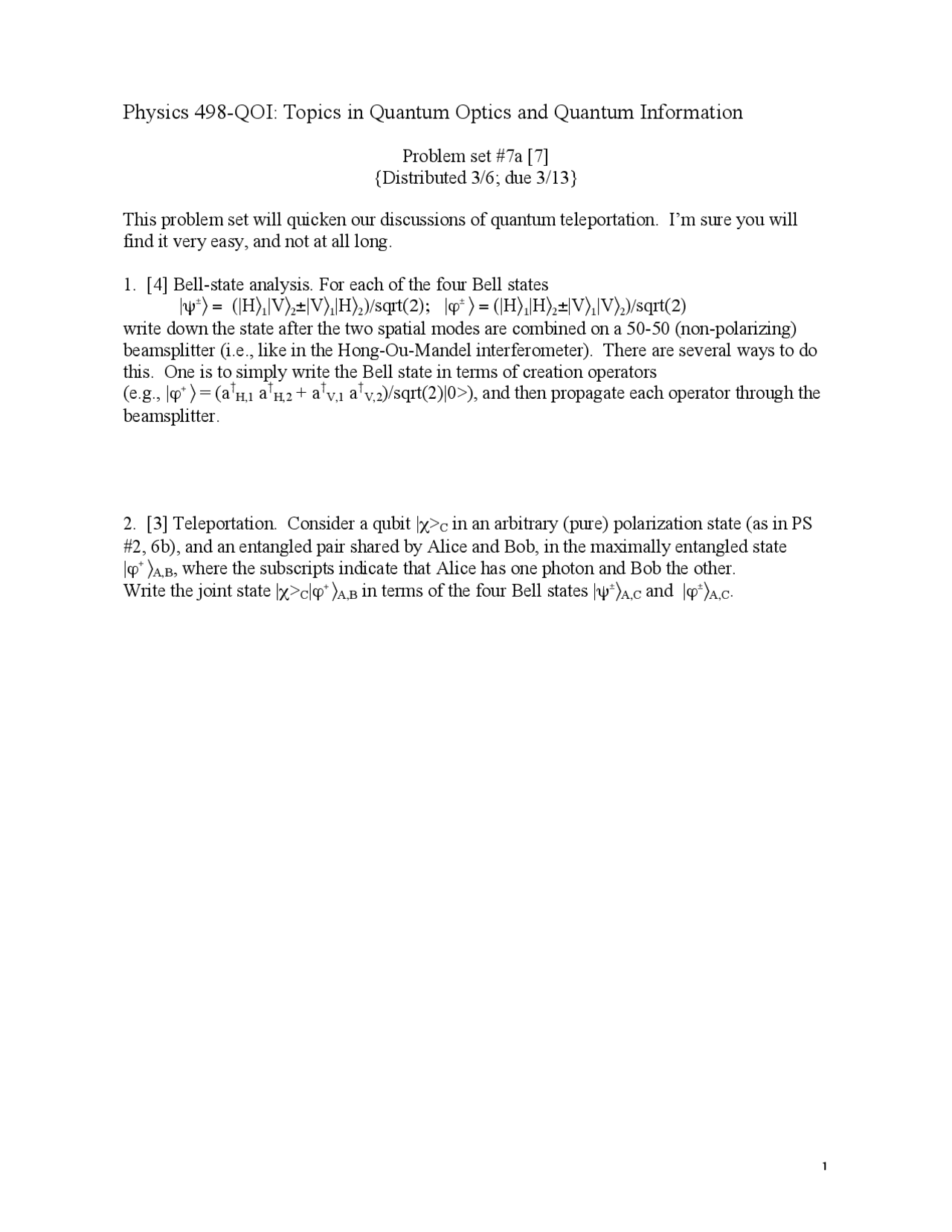 Quantum Optics And Quantum Information Problem Set Phys 498