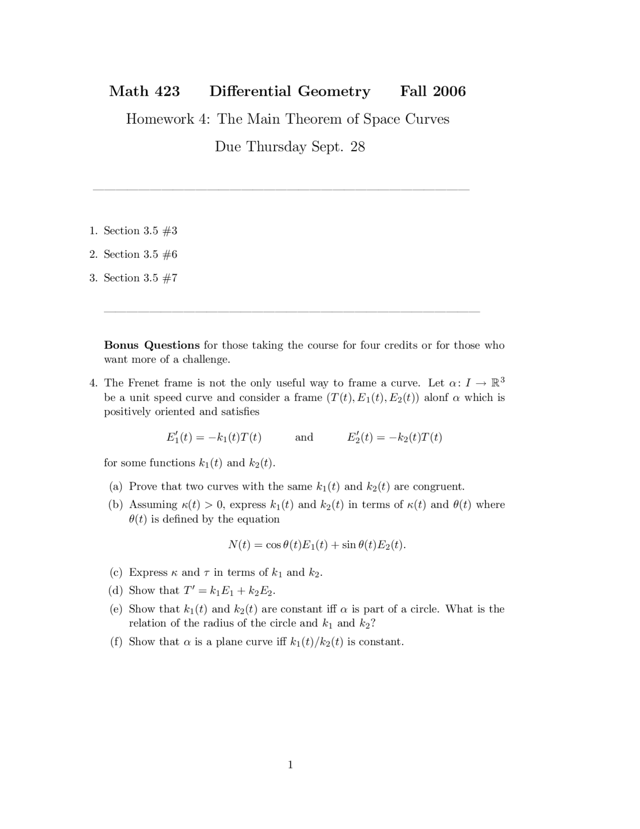 4 Problems On Differential Geometry Assignment 4 Math 423 Docsity