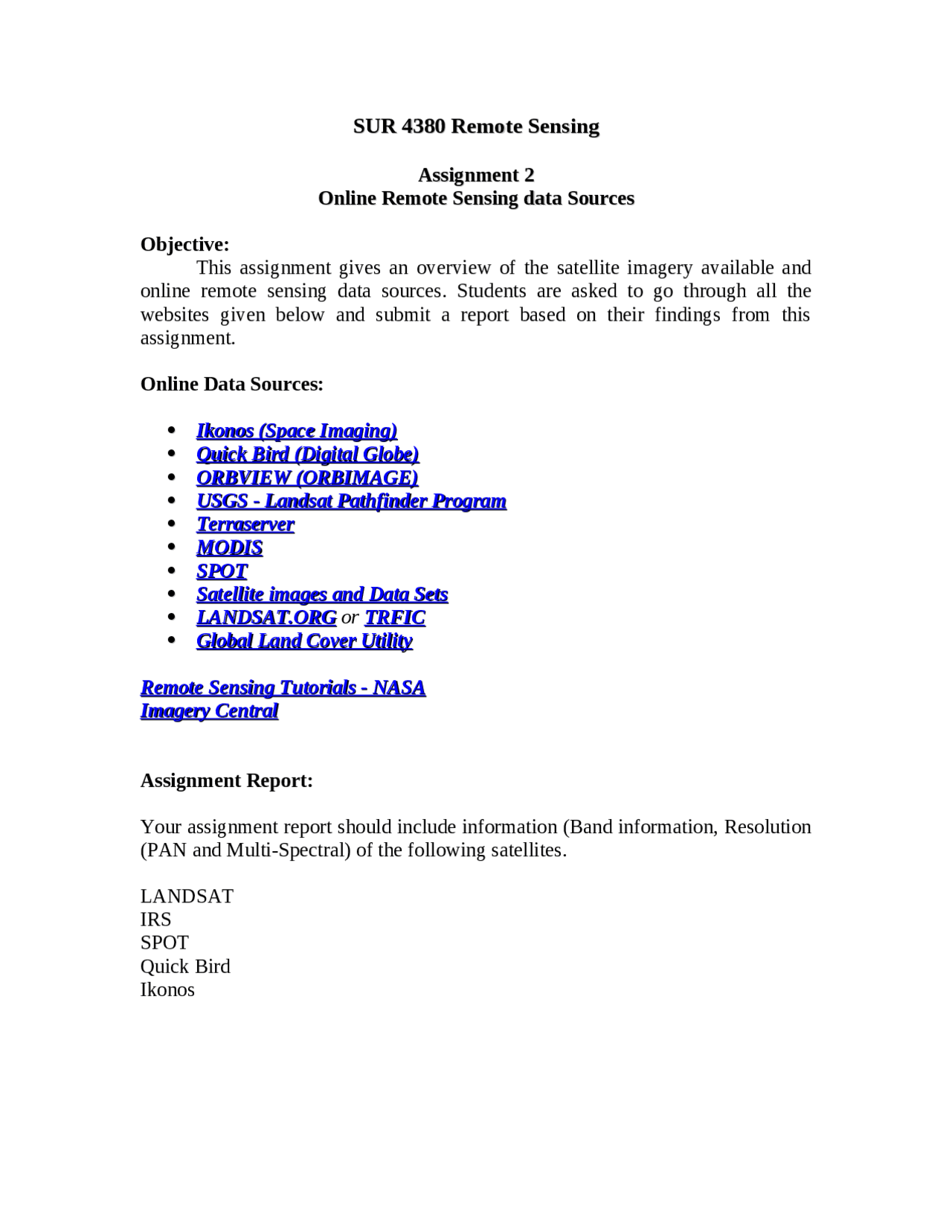 Online Data Sources Of The Remote Sensing Assignment 2 Sur 4380