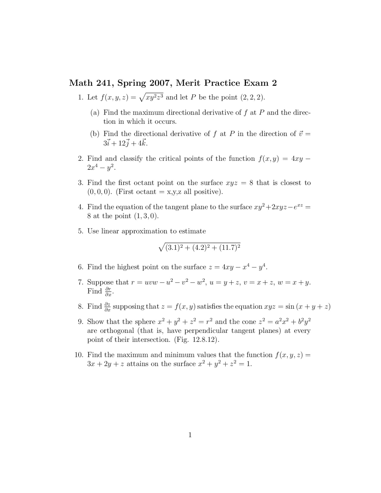 Calculus III Practice Exam 2007 | MATH 241 - Docsity