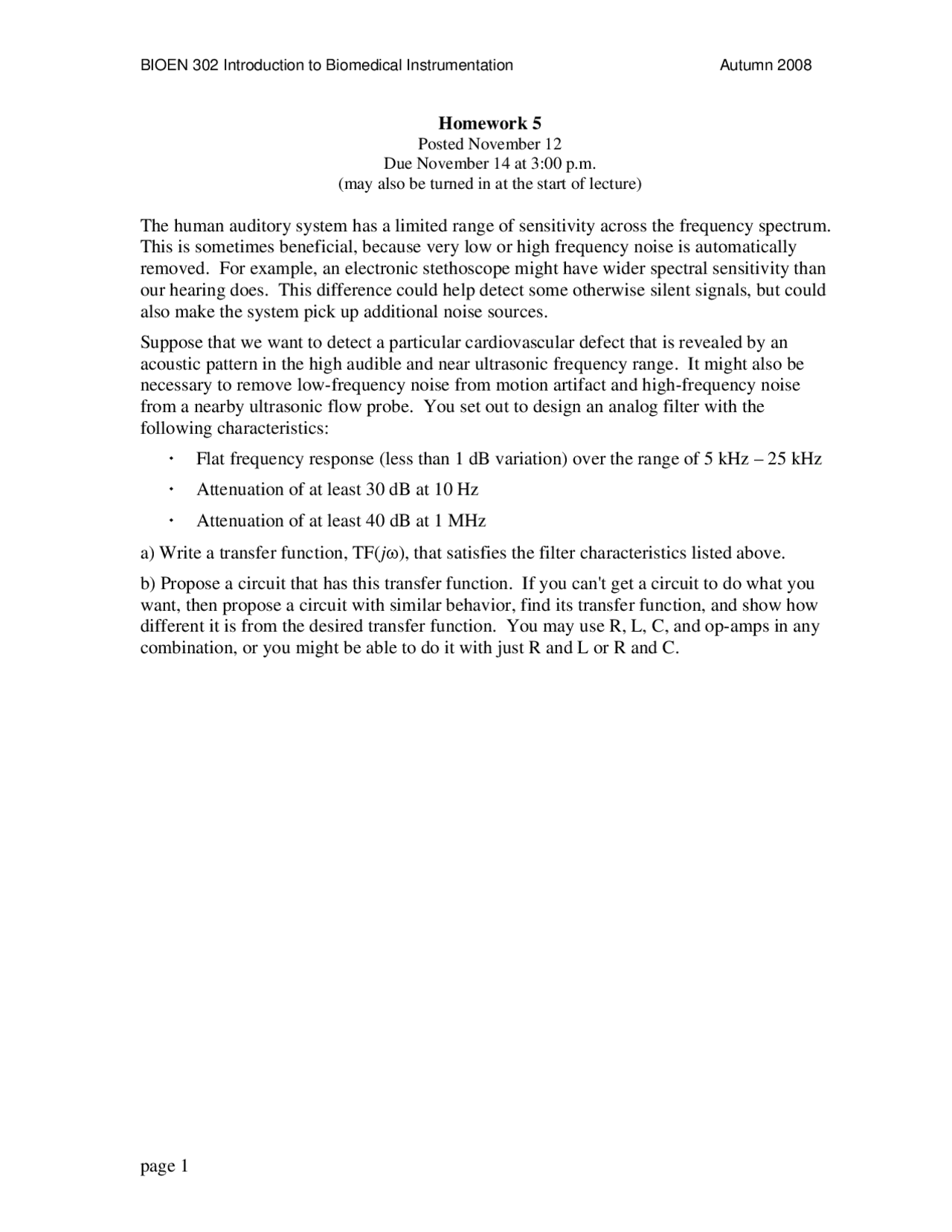 Homework 5 On Introduction To Biomedical Instrumentation Bioen 302