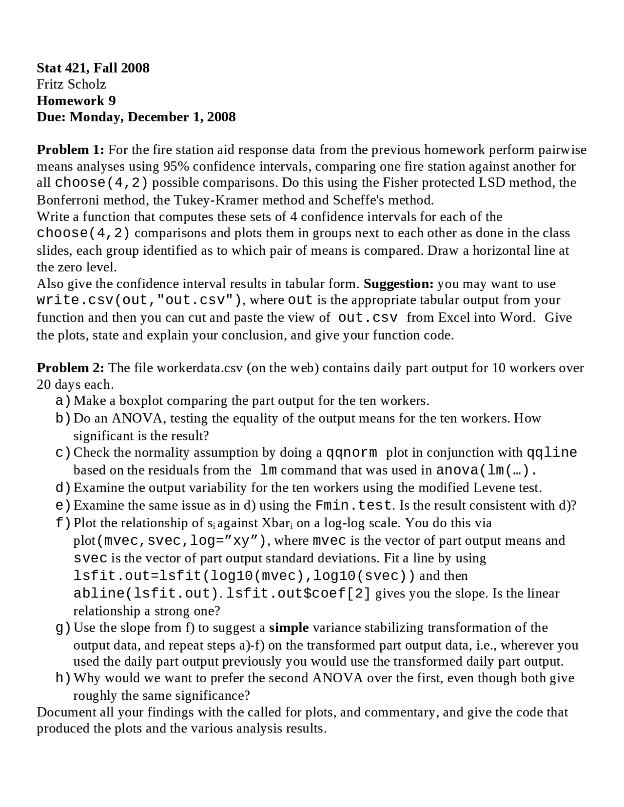 Homework 9 Problems Applications Of Statistics Experimental Design
