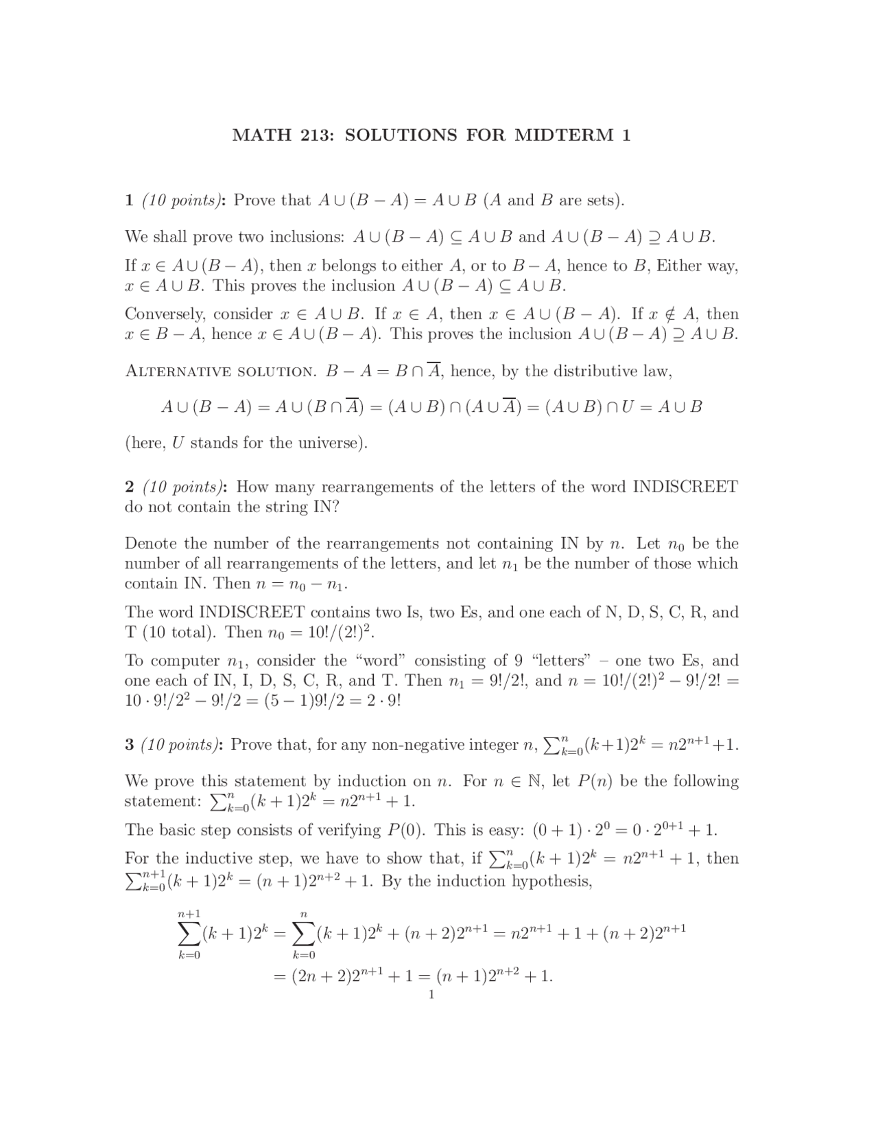 Solution Of Midterm Exam 1 Basic Discrete Mathematics Math 213 Docsity