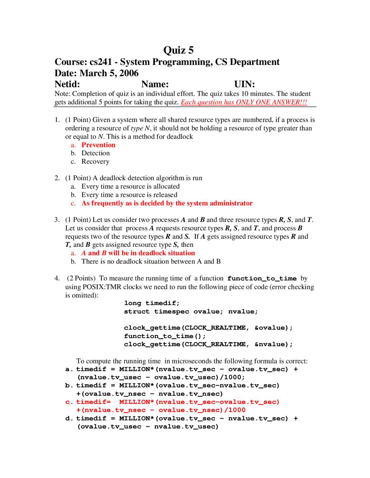 Quiz with Solution on System Programming | CS 241 - Docsity