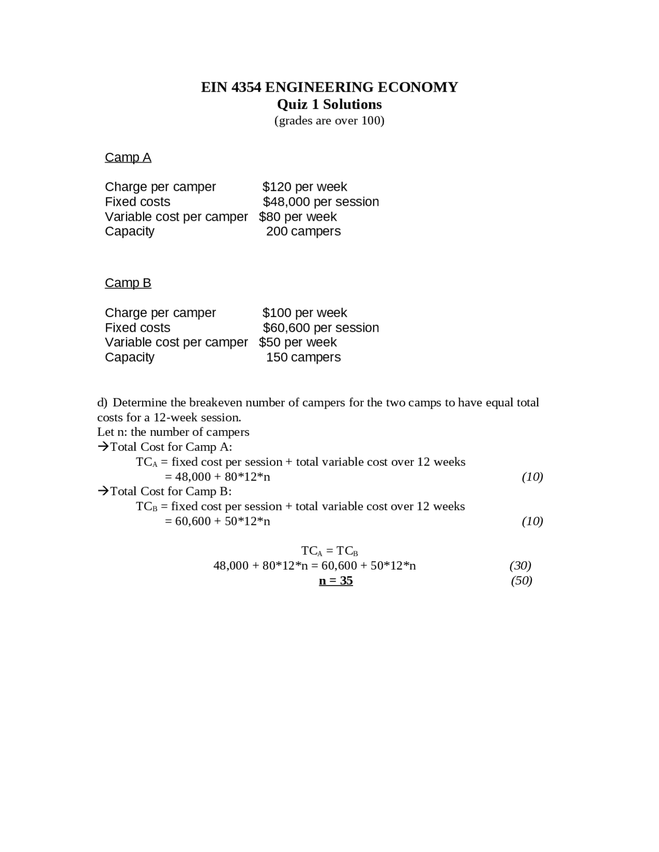 Quiz 1 Solutions Engineering Economy Ein 4354 Docsity